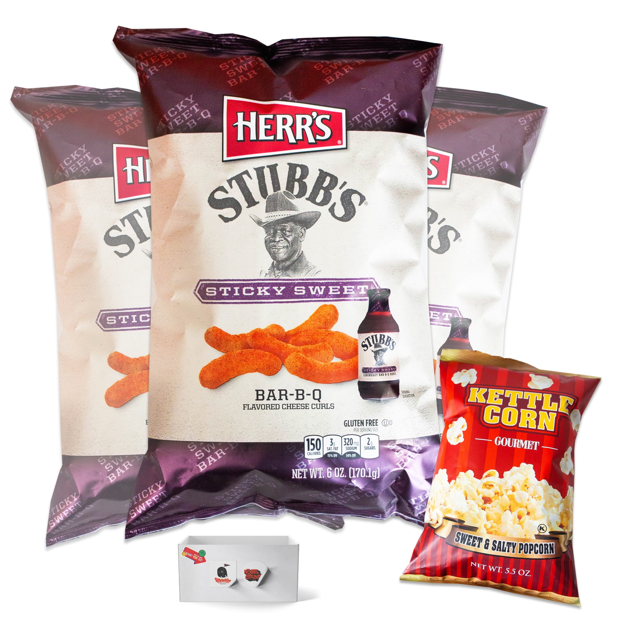 Stubbs Sticky Sweet BBQ Cheese Curls (3, 6oz bags) - Sweet and Salty Kettle Popcorn (1, 5.5oz ...