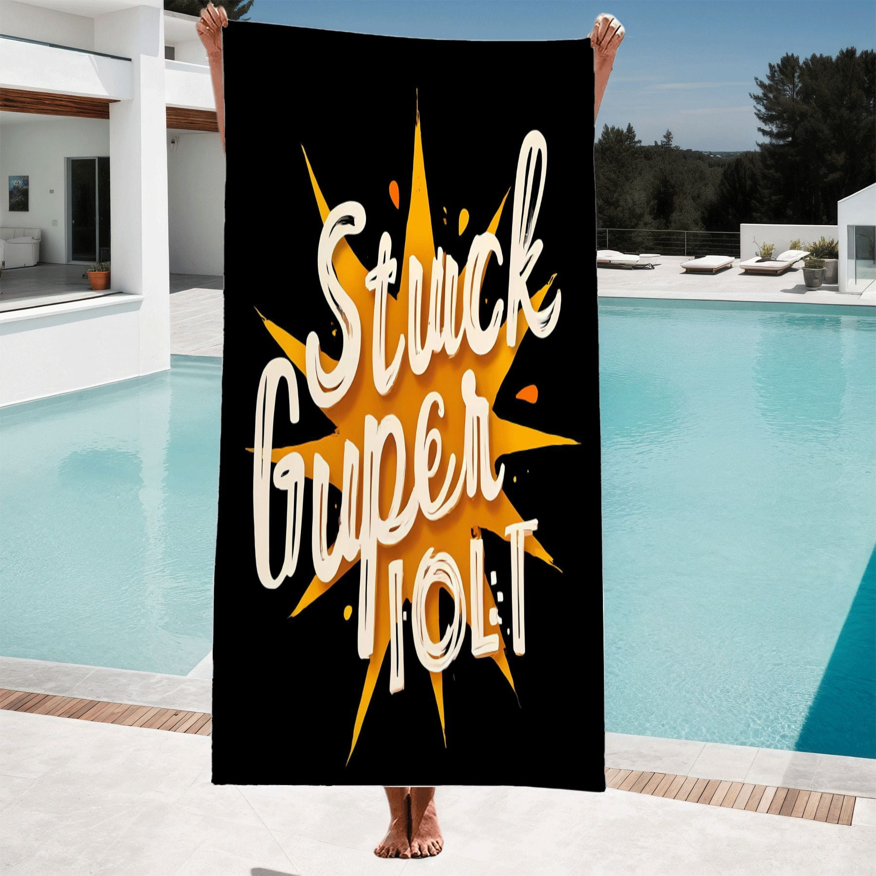 Stuck Super TOT Beach Towel - Bold Cursive Design with Orange Burst ...