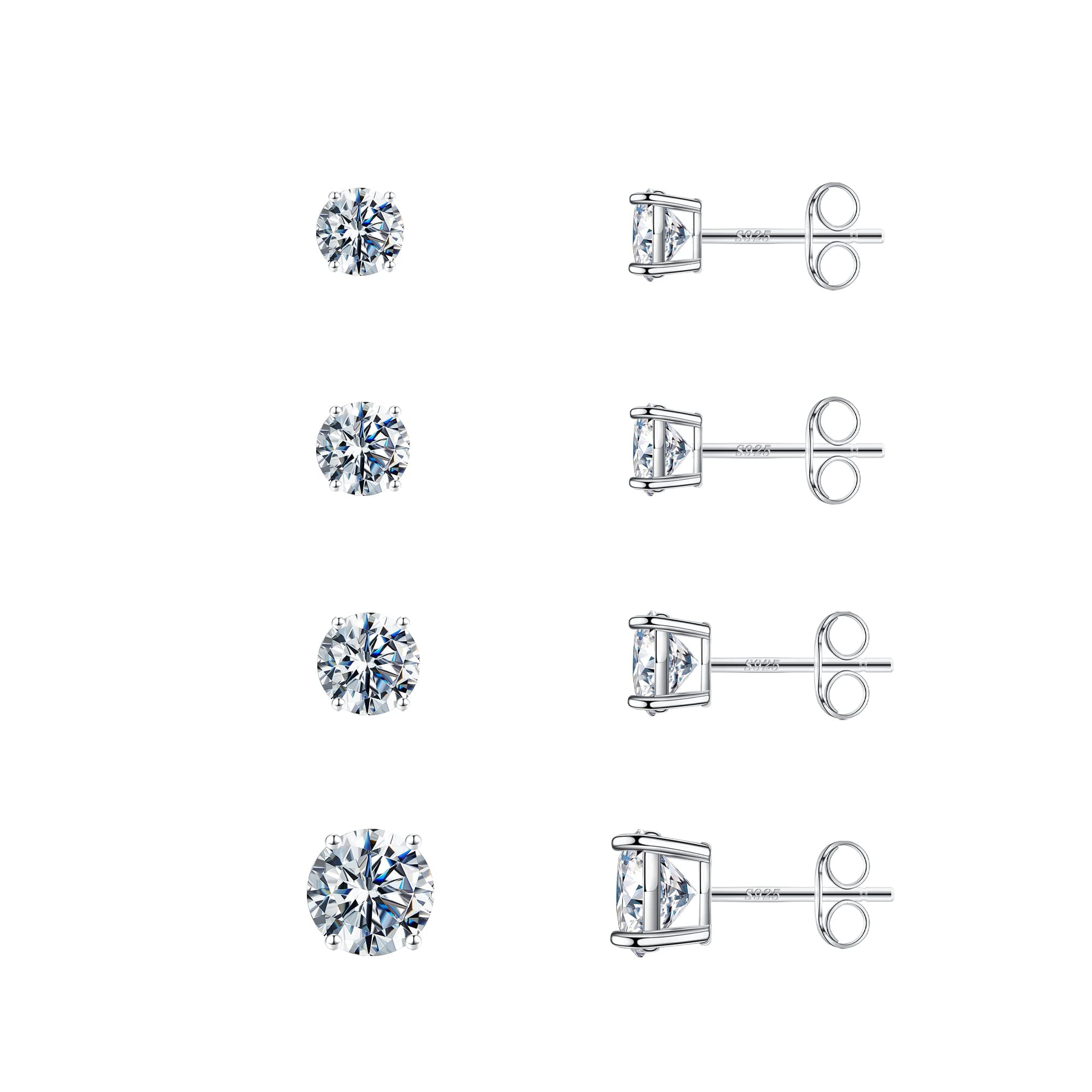 S925 Sterling Silver Stud Earrings Set, Round Cubic Zirconia, 3/4/5/6/7 ...