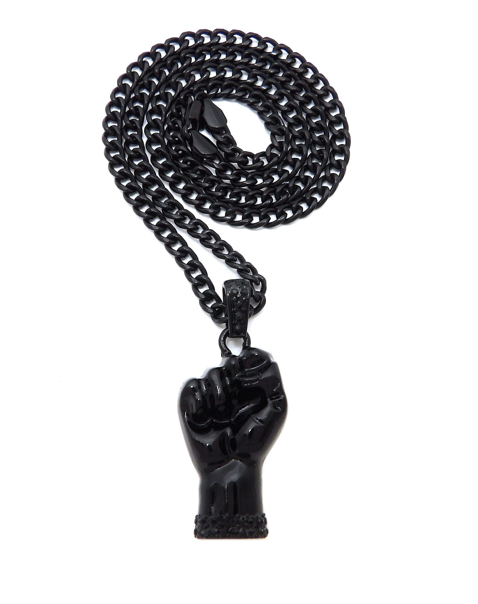 Stud Power Fist Pendant with 3mm Cuban Chain Necklace, Jet Black, 24 ...