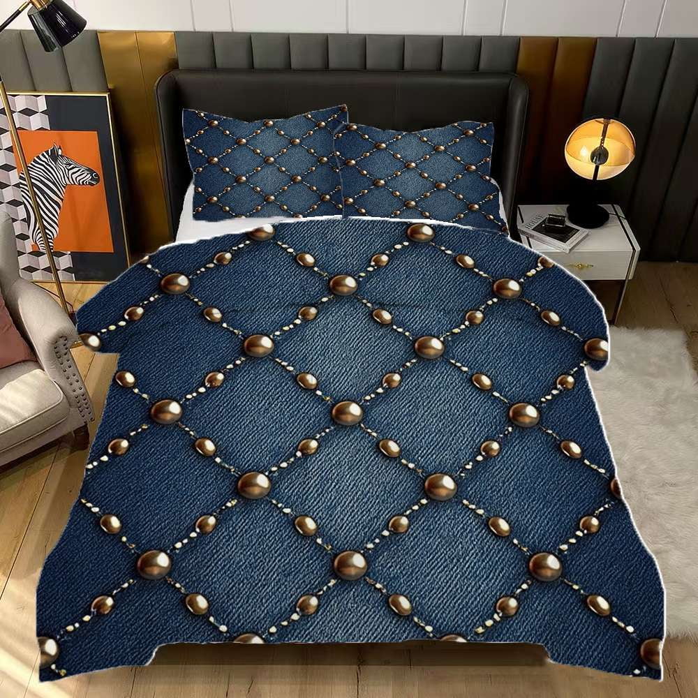 Studded Denim Pattern Comforter Set King Size Bedding Set For Travl ...