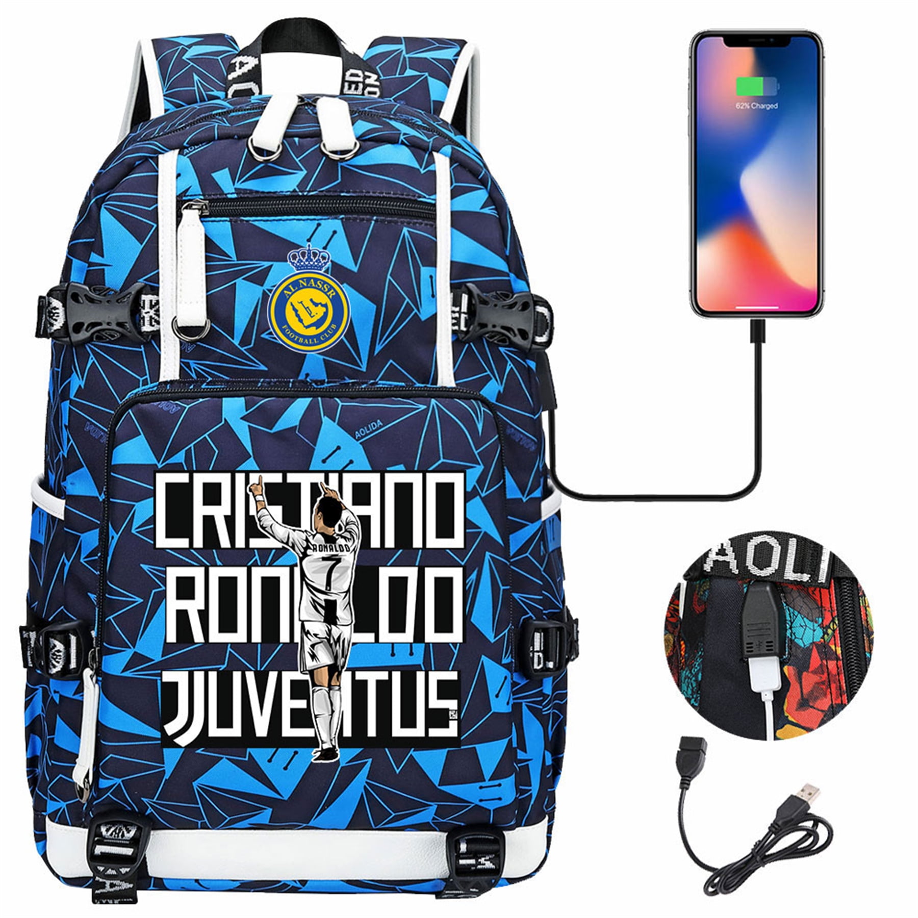 Student Back to School Book Bag with USB Charge Port-Teen Cristiano ...