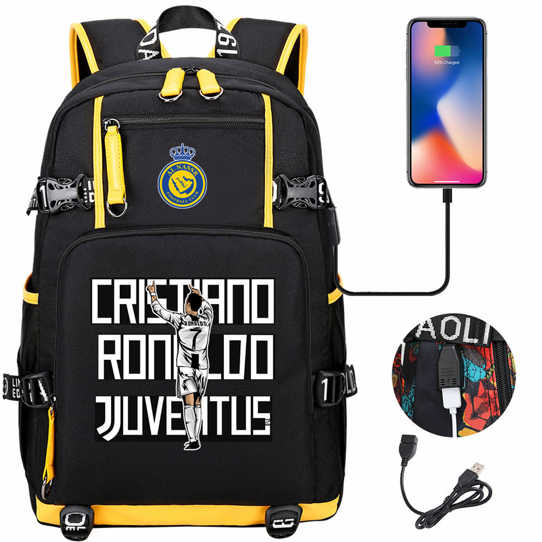 Student Back to School Book Bag with USB Charge Port-Teen Cristiano ...