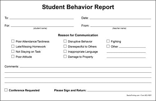Student Behavior Report Forms on 2 Part Carbonless Paper (Pack of 100 ...
