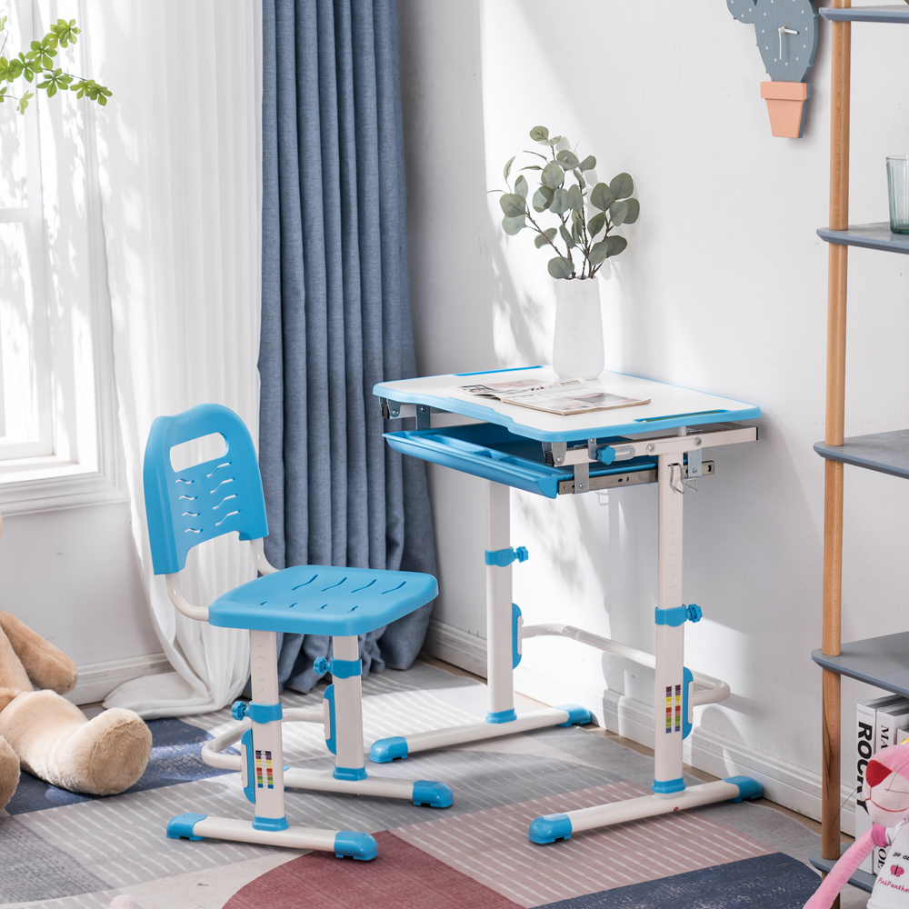 Student Desks And Chairs Set C Style White Lacquered White Surface Blue ...