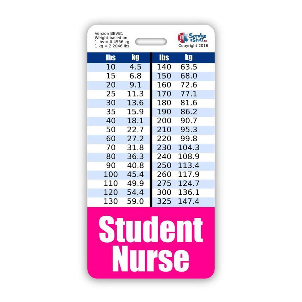 Student Nurse Badge Buddy Vertical w/Height & Weight Conversion Charts ...