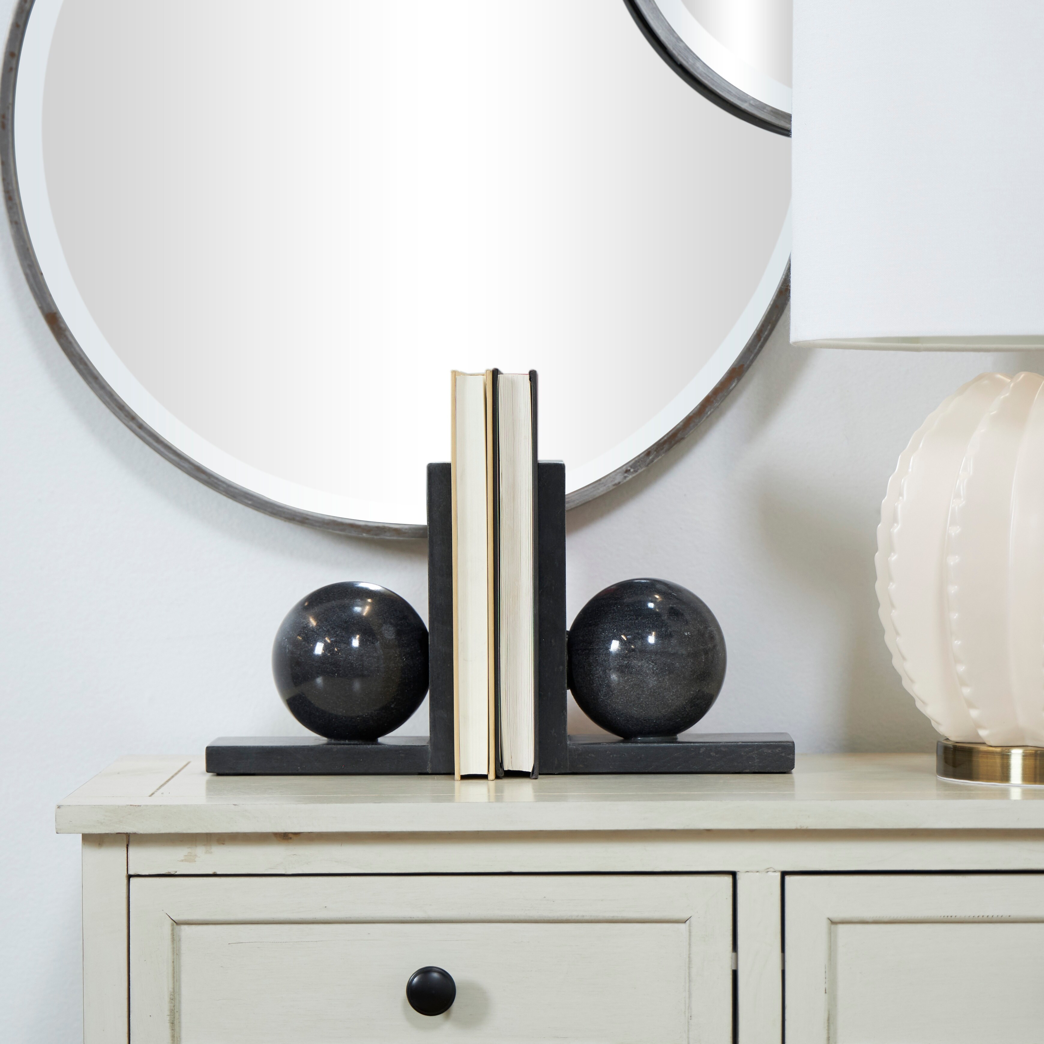 Studio 350 Black Marble Sleek Orb Geometric Bookends with L- Shaped ...