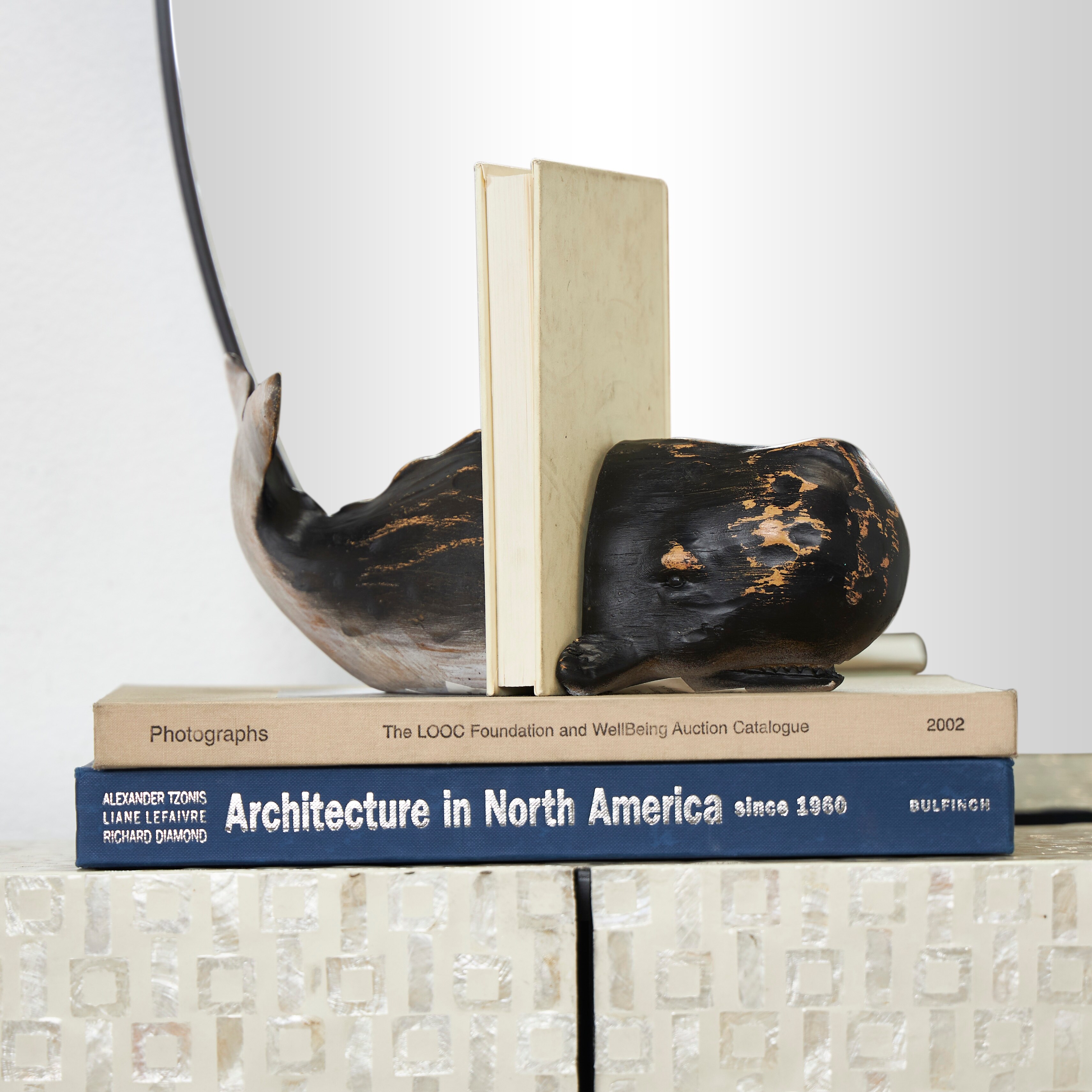 Studio 350 Black Polystone Distressed Whale Bookends with Brown Wood ...