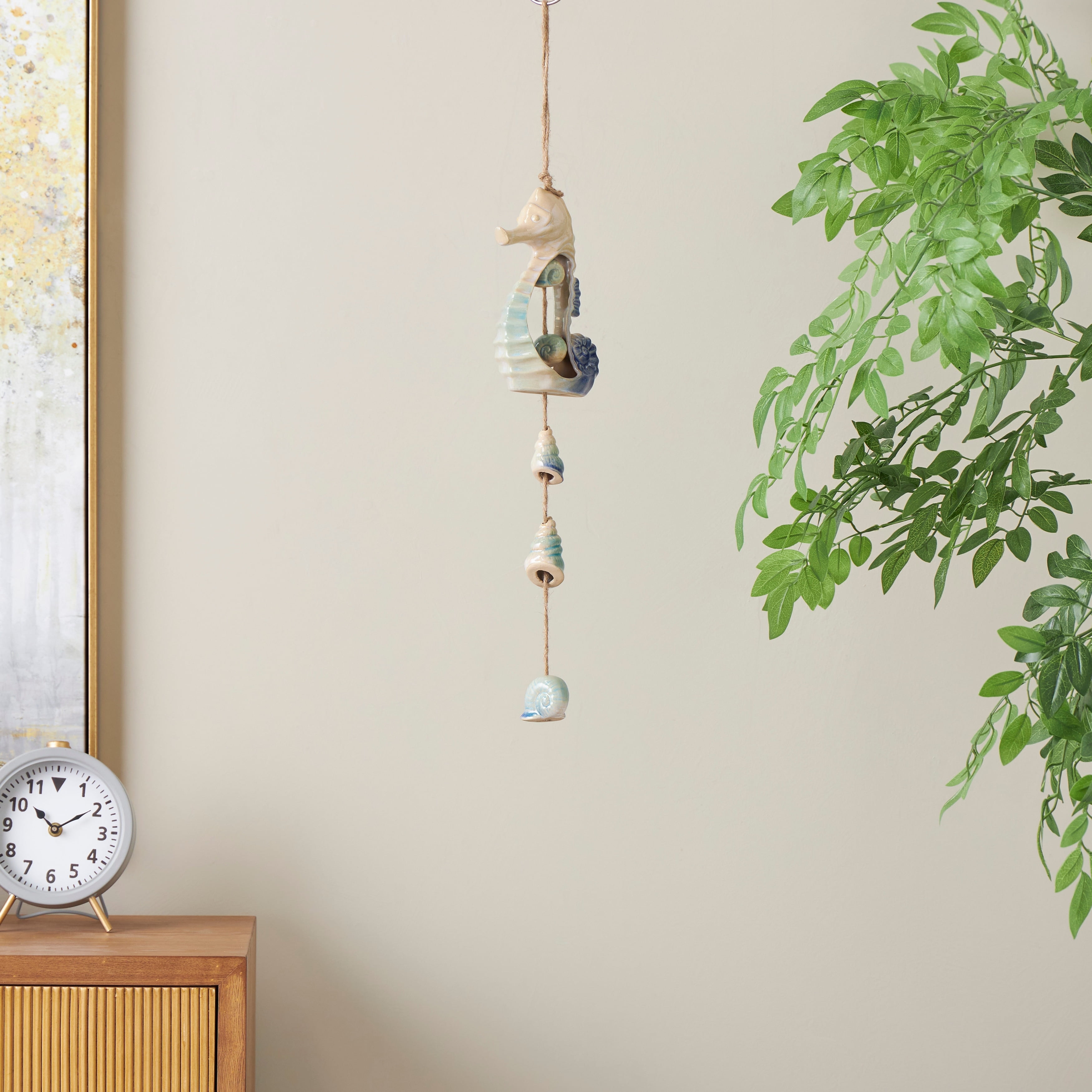 Studio 350 Blue Ceramic Ombre Sea Horse Windchime with Jute Rope and Hanging Seashell Accents ...