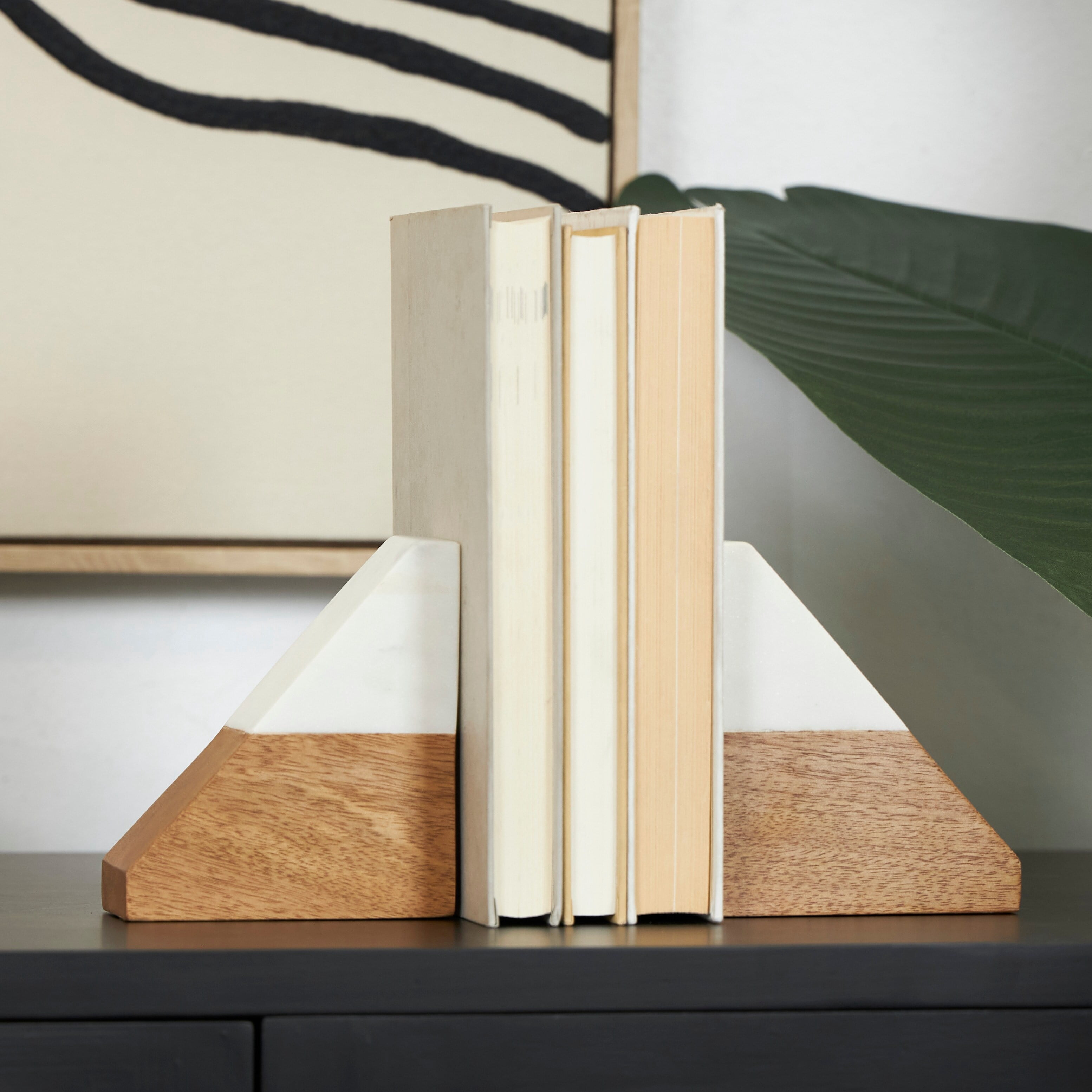Studio 350 Brown Marble Geometric Triangle Bookends with White Marble ...