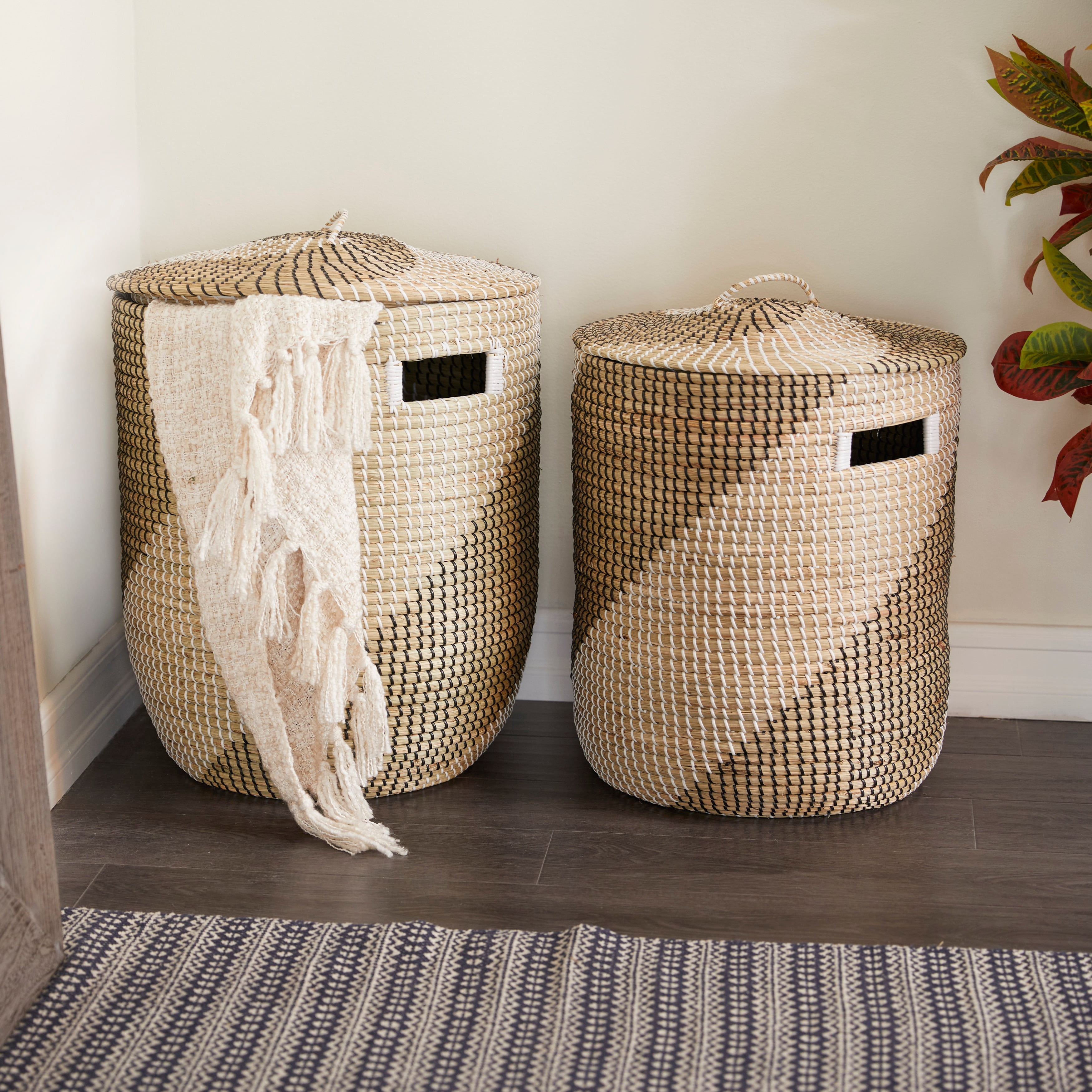 Studio 350 Brown Seagrass Handmade Two Toned Storage Basket with Matching Lids (Set of 2) - 16 x ...