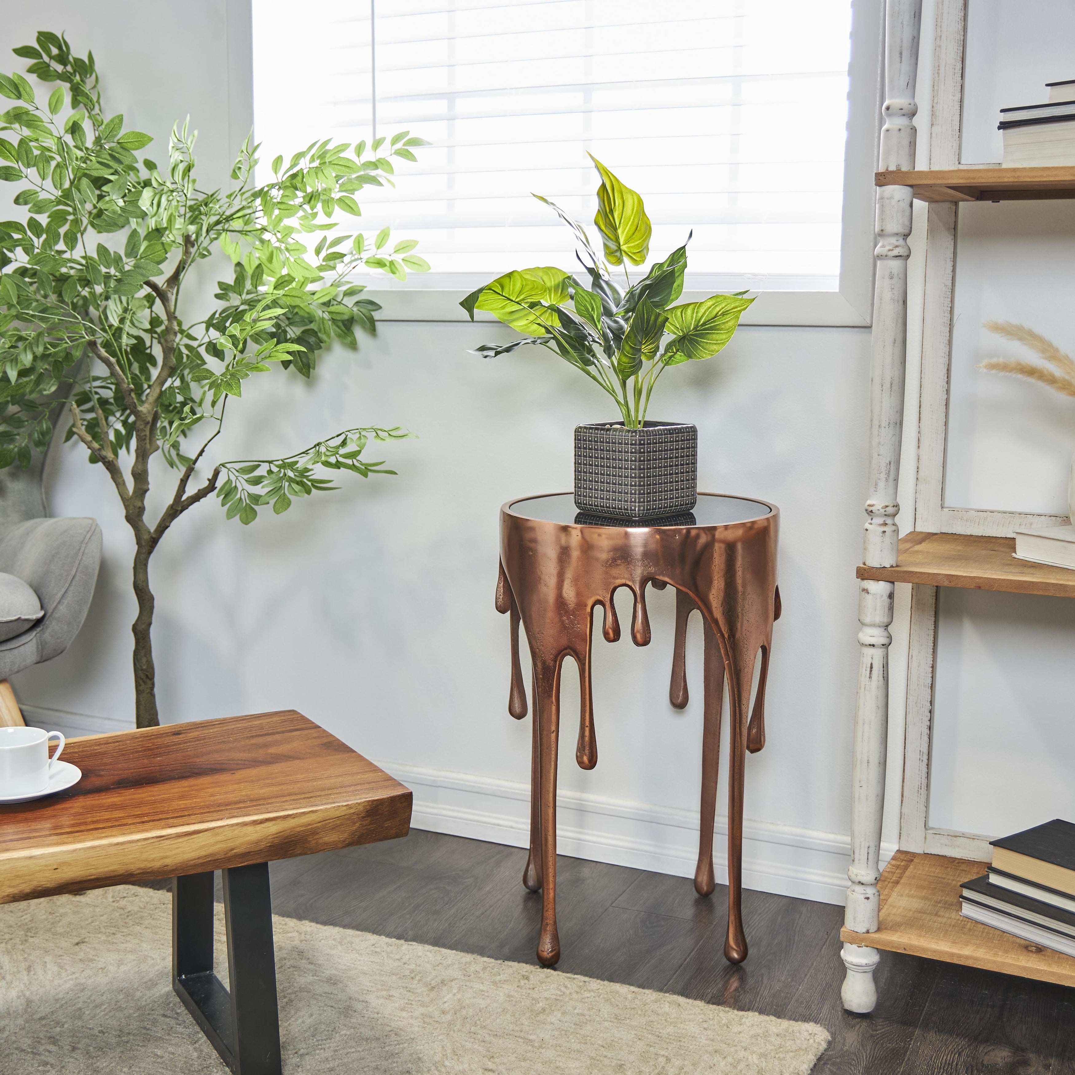 Studio 350 Copper Aluminum Metal Drip Side End Accent Table with Melting Design and Shaded Glass Top