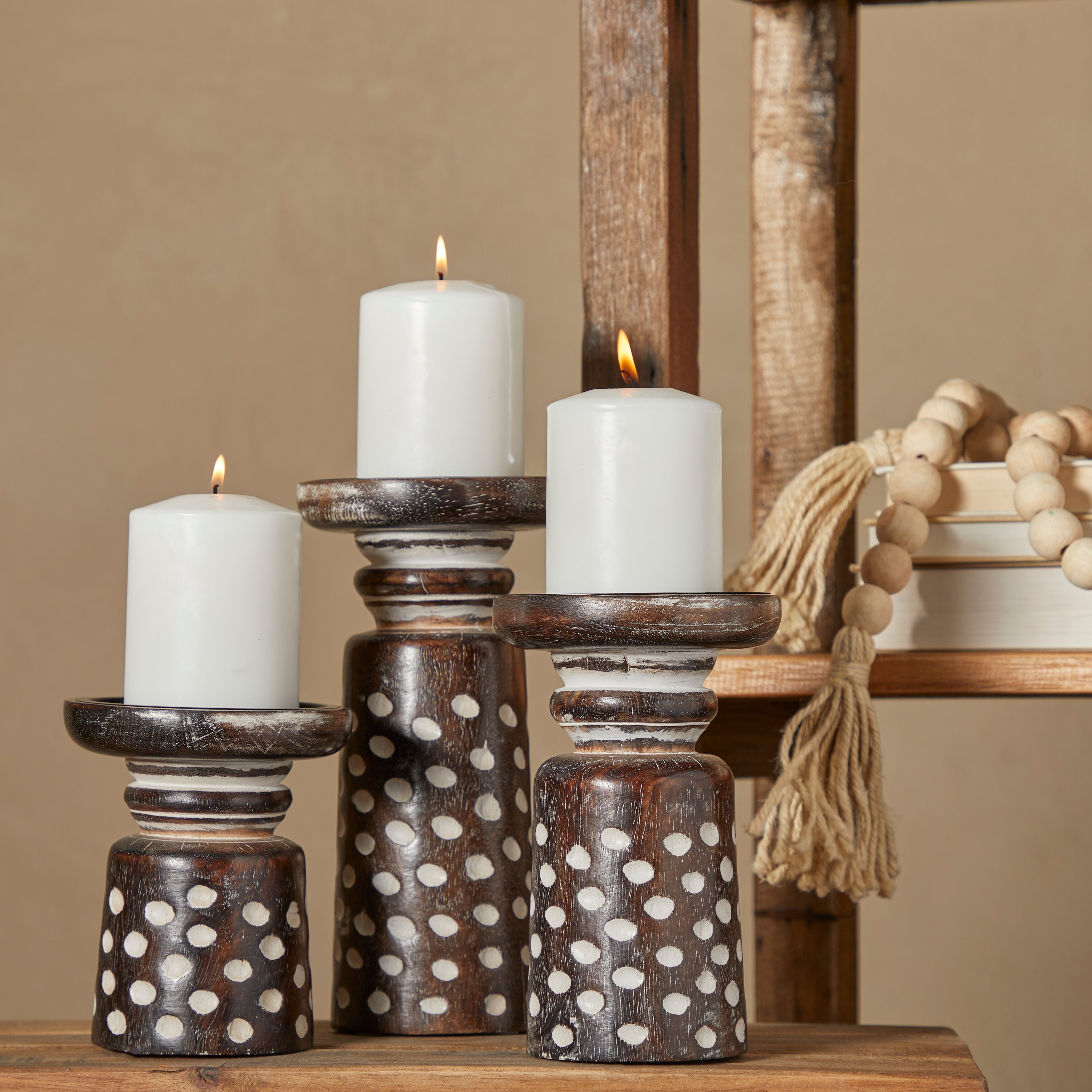 Studio 350 Dark Brown Mango Wood Round Carved Dotted Pillar Candle ...