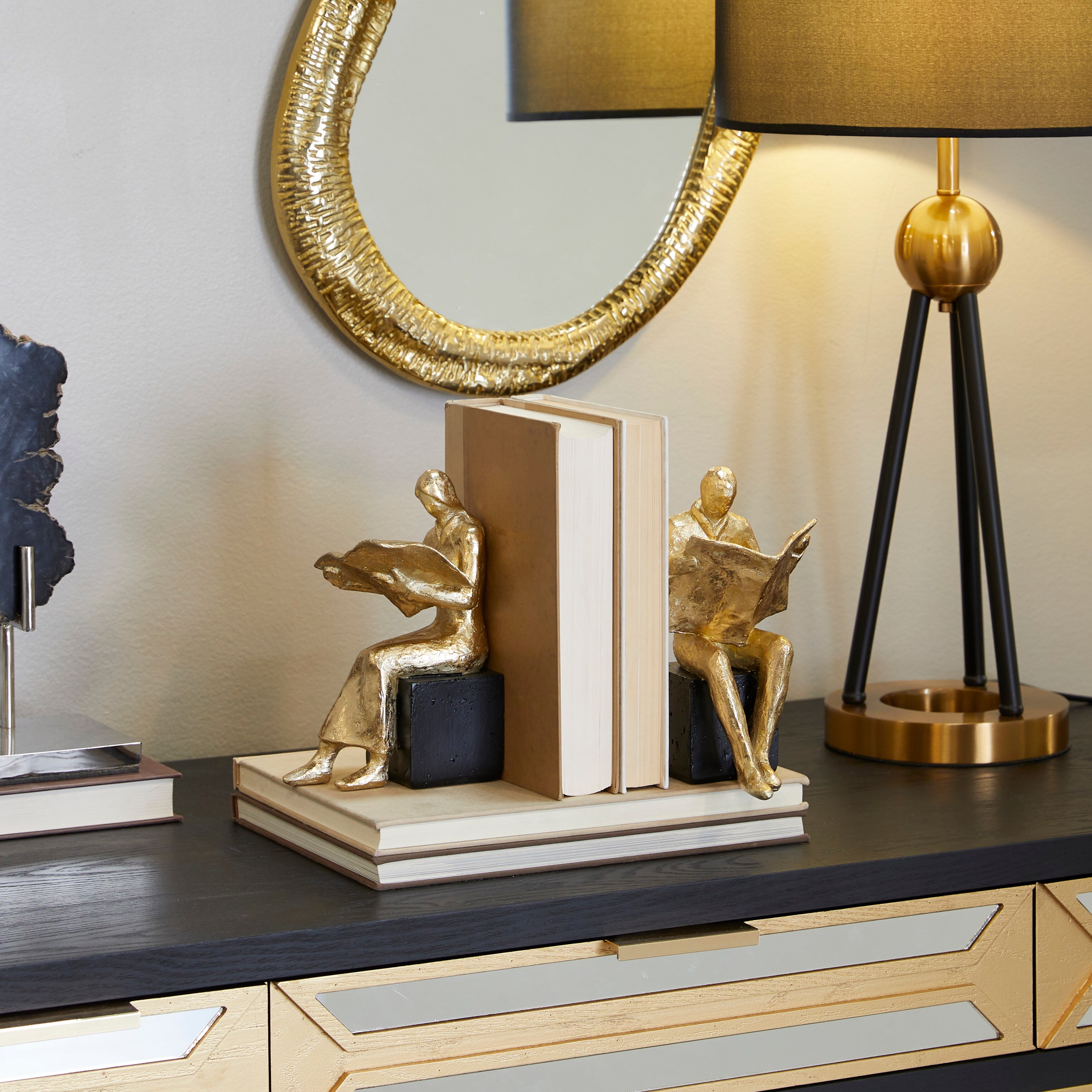 Studio 350 Gold Polystone Reading People Bookends with Black Bases (Set ...