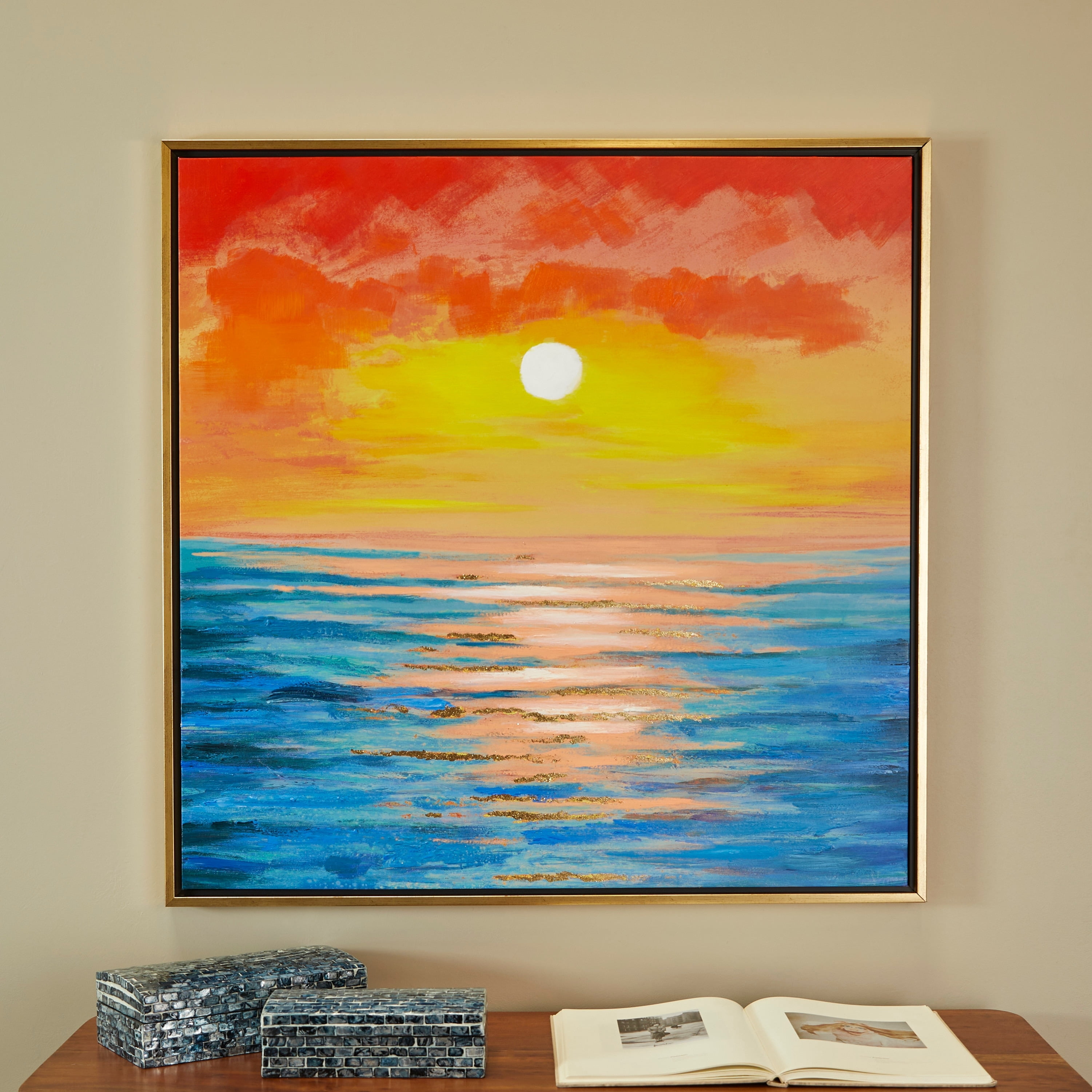 Studio 350 Multi Colored Canvas Handmade Ocean Sunset Landscape Framed ...