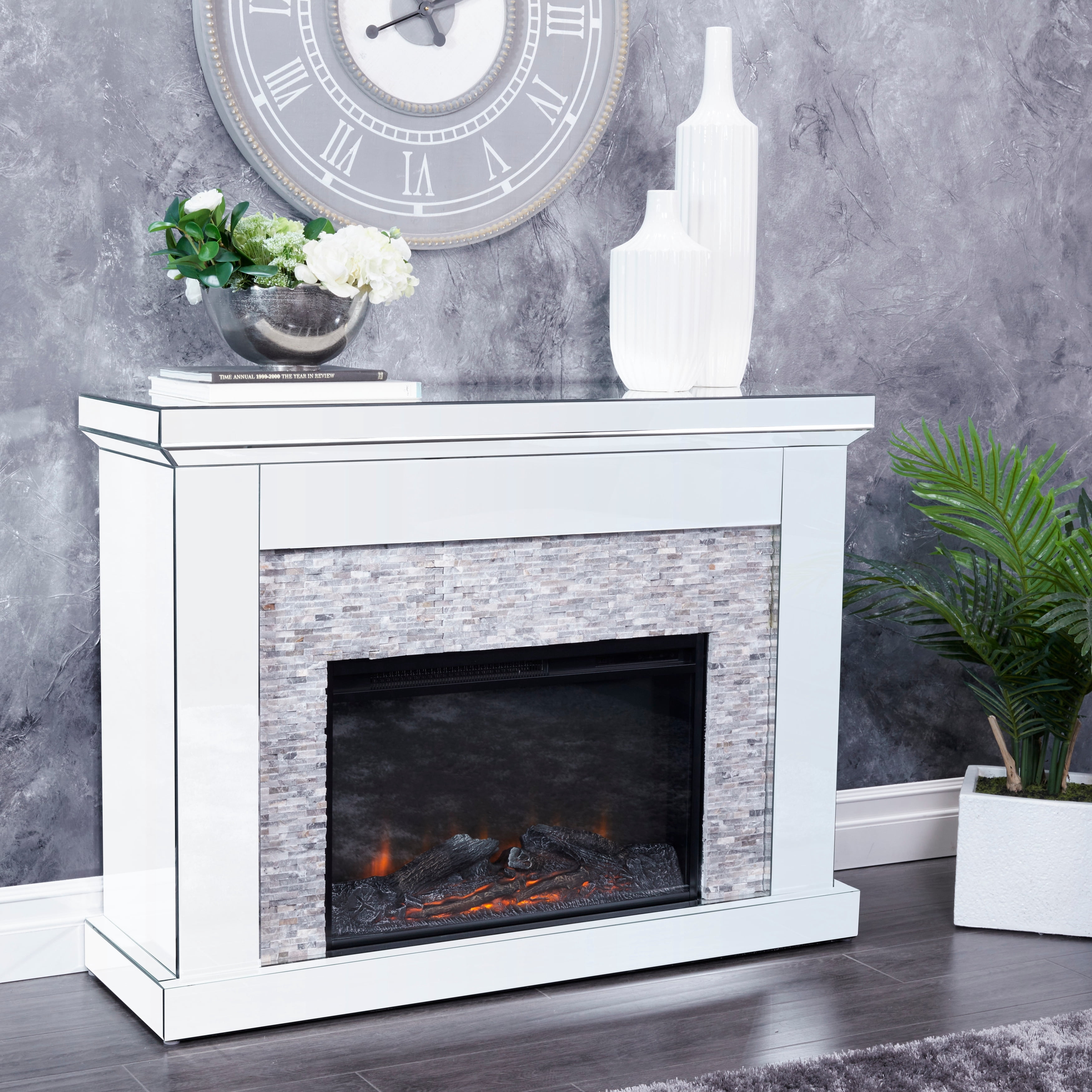 Studio 350 Silver Glass Mirrored Fireplace with Remote Control ...