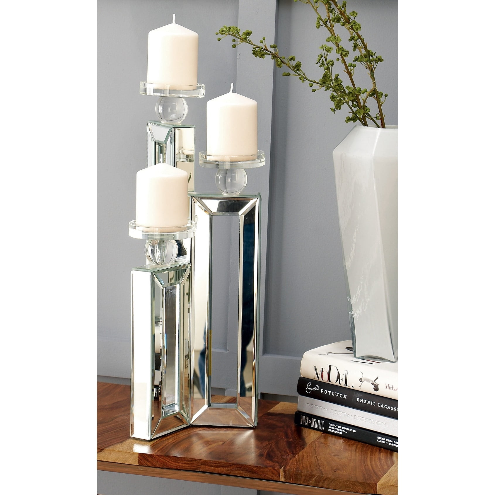 Studio 350 Silver Glass Pillar 3 Plate Candelabra with Mirrored Accents ...