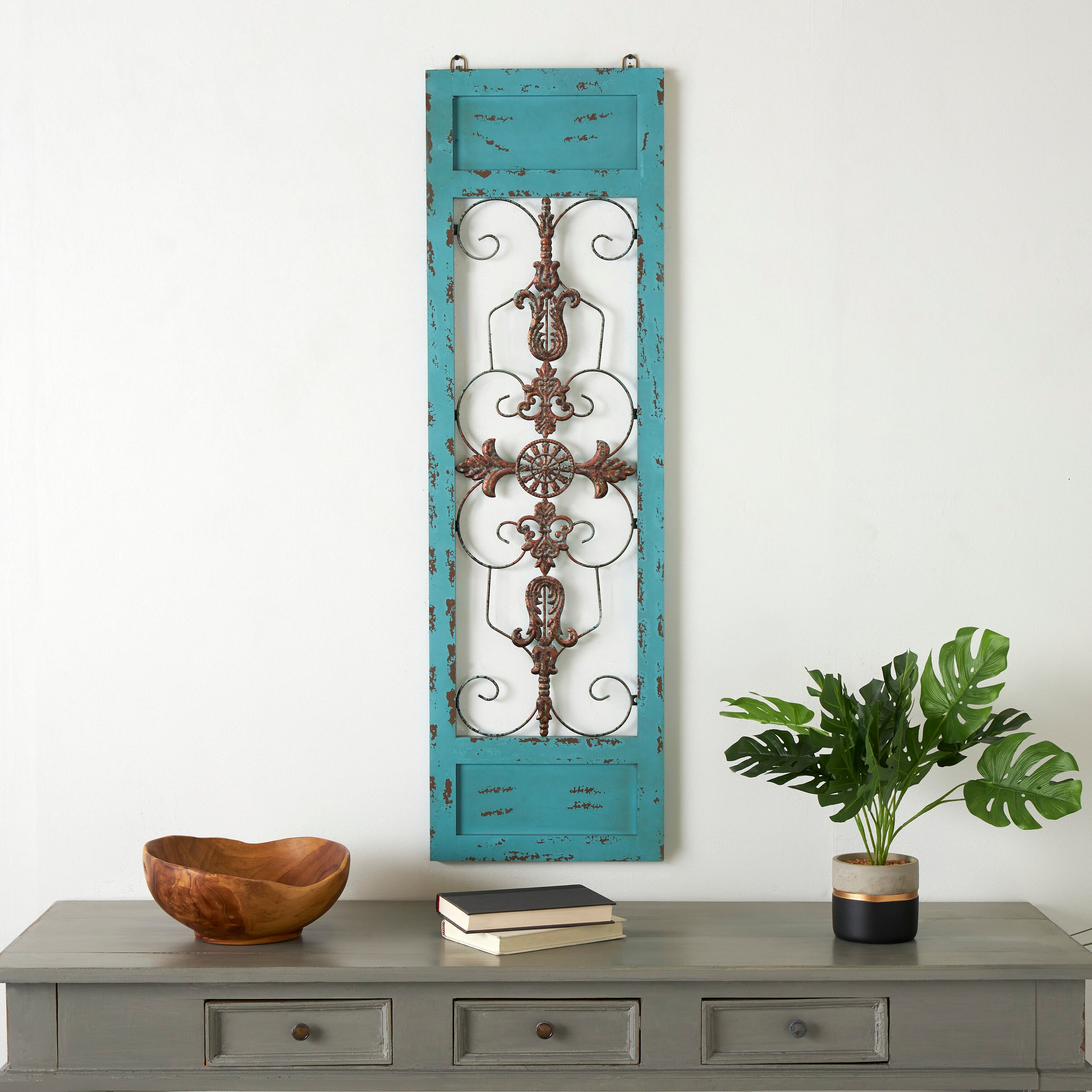 Studio 350 Teal Wood Arabesque Scroll Wall Decor with Metal Fleur De ...