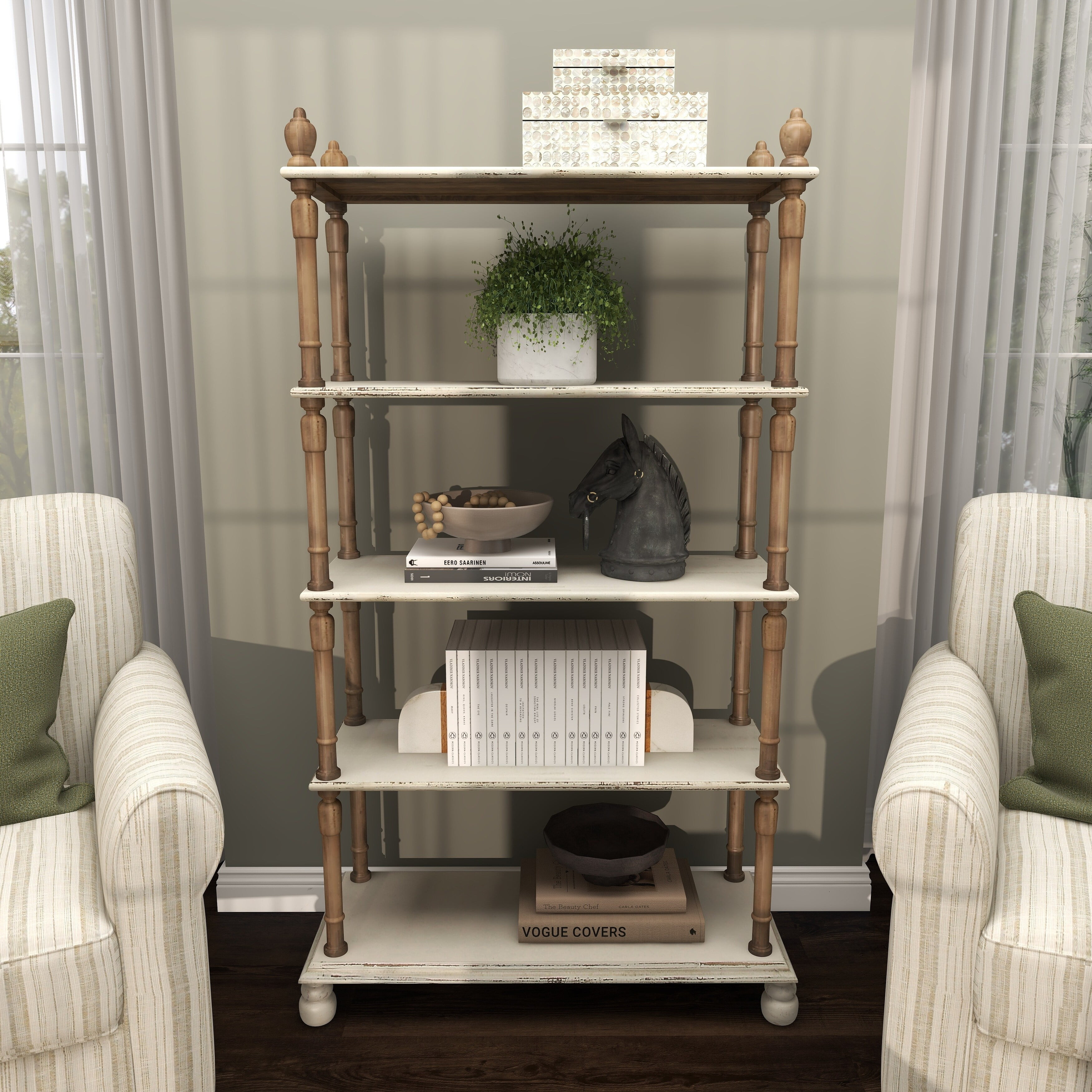 Studio 350 White Wood Distressed Turned 5 Shelf Shelving Unit with ...