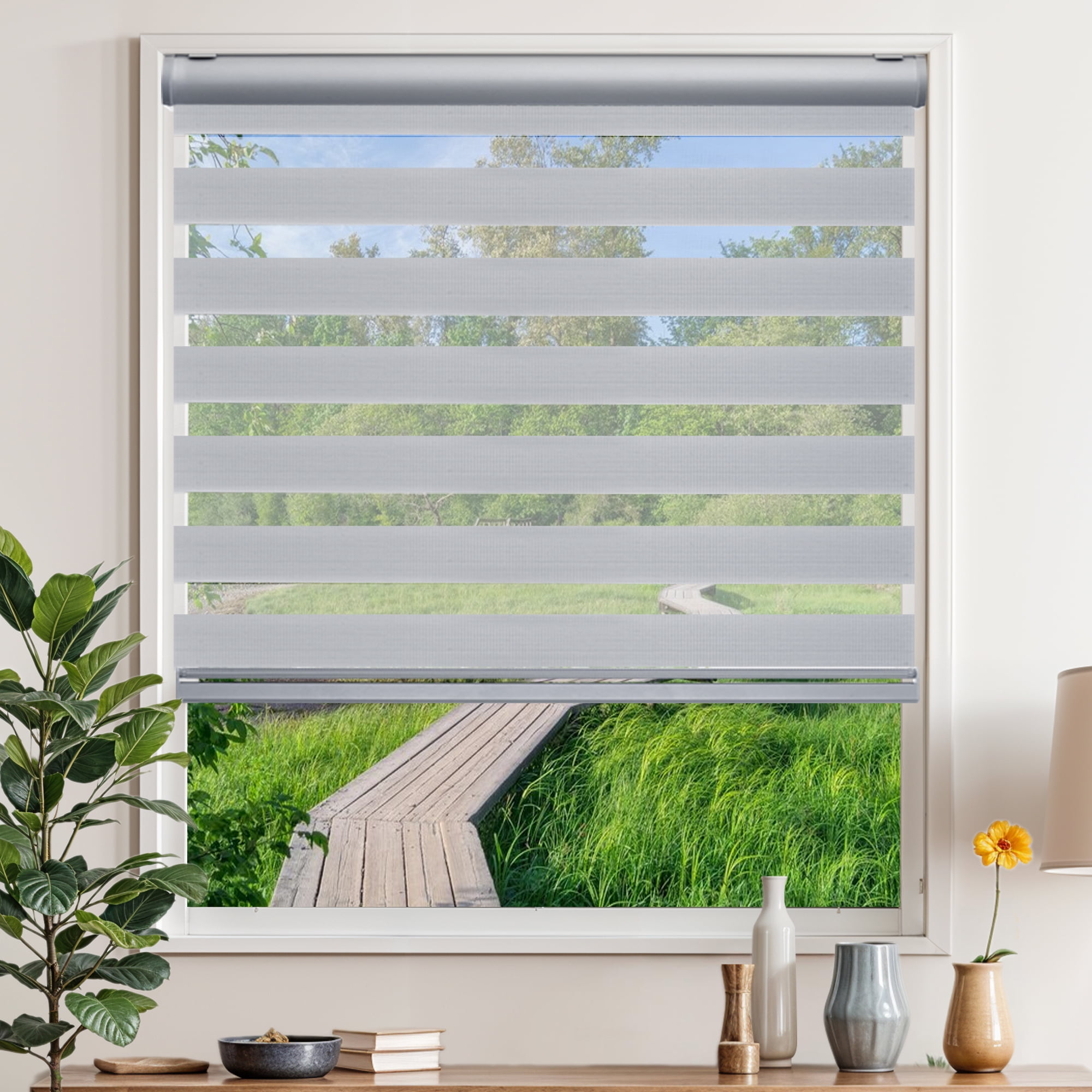 Studio 707 Cordless Zebra Blinds for Windows - 100% Polyester Pull Down Roller Shades for ...