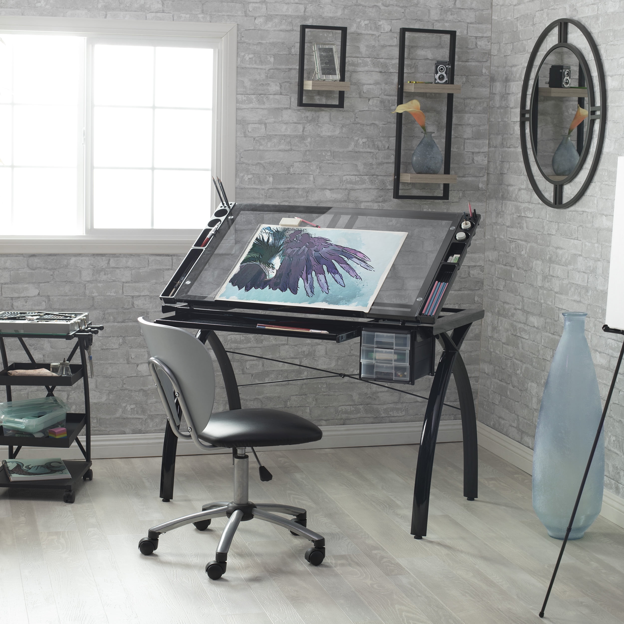 Studio Designs Futura Metal and Clear Glass Drafting Table with Storage ...