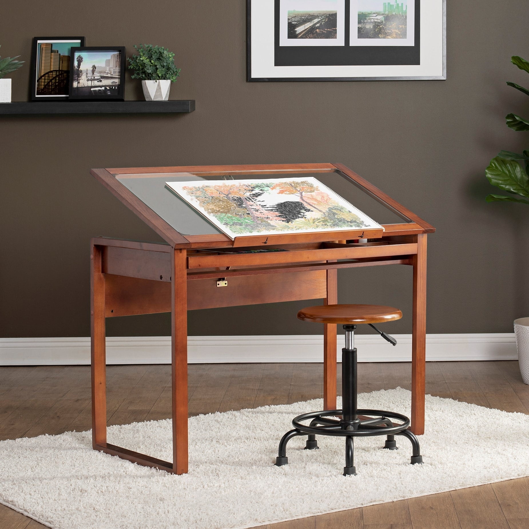 Studio Designs Ponderosa Brown Glass Top Solid Wood Drafting Table - Walmart.com