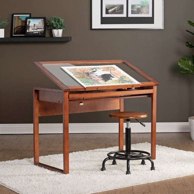 Studio Designs Ponderosa Brown Glass Top Solid Wood Drafting Table ...