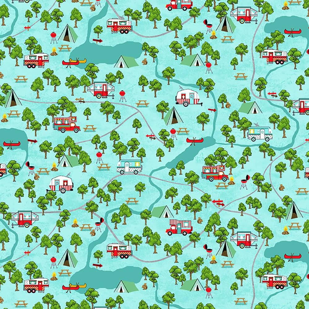 Studio E Fabrics Roamin Holiday Pam Bocko Campsite Map Light Blue ...
