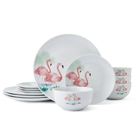 Studio Nova Flamingo Haven 12 Piece Porcelain Dinnerware Set White ...