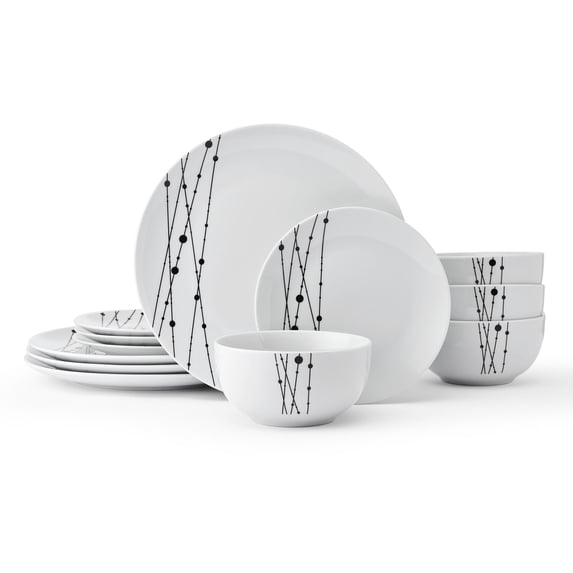 Free Shipping! Studio Nova 12-Piece Linear Symphony Porcelain Dinnerware Set White Modern ...