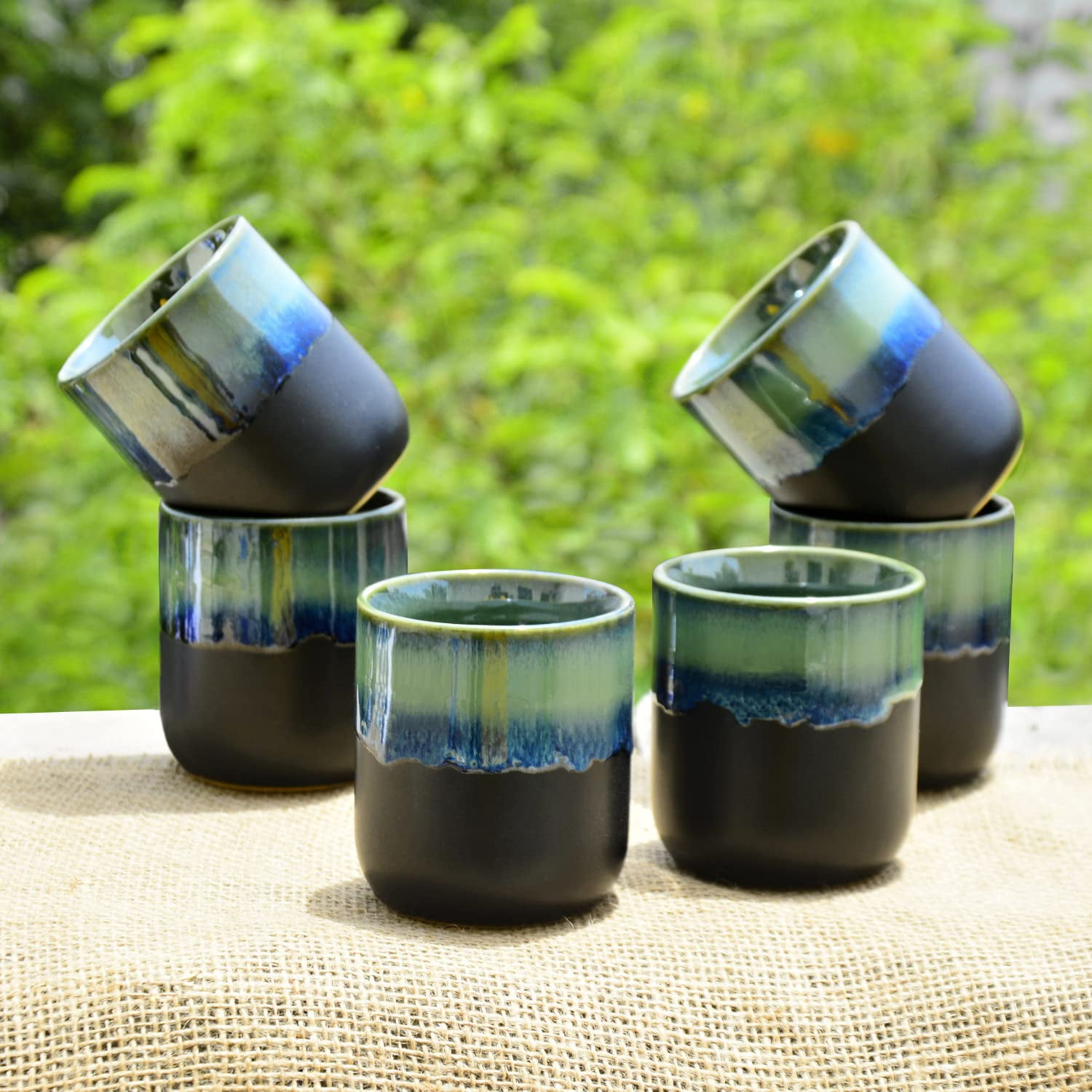 Studio Pottery Glazed Dual Tone Ceramic Glasses Set Of 6 - Green ...
