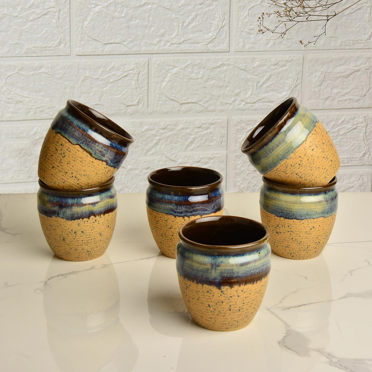 Studio Pottery Glazed Dual Tone Ceramic Tea Kulhads Set Of 6 - 175ml ...