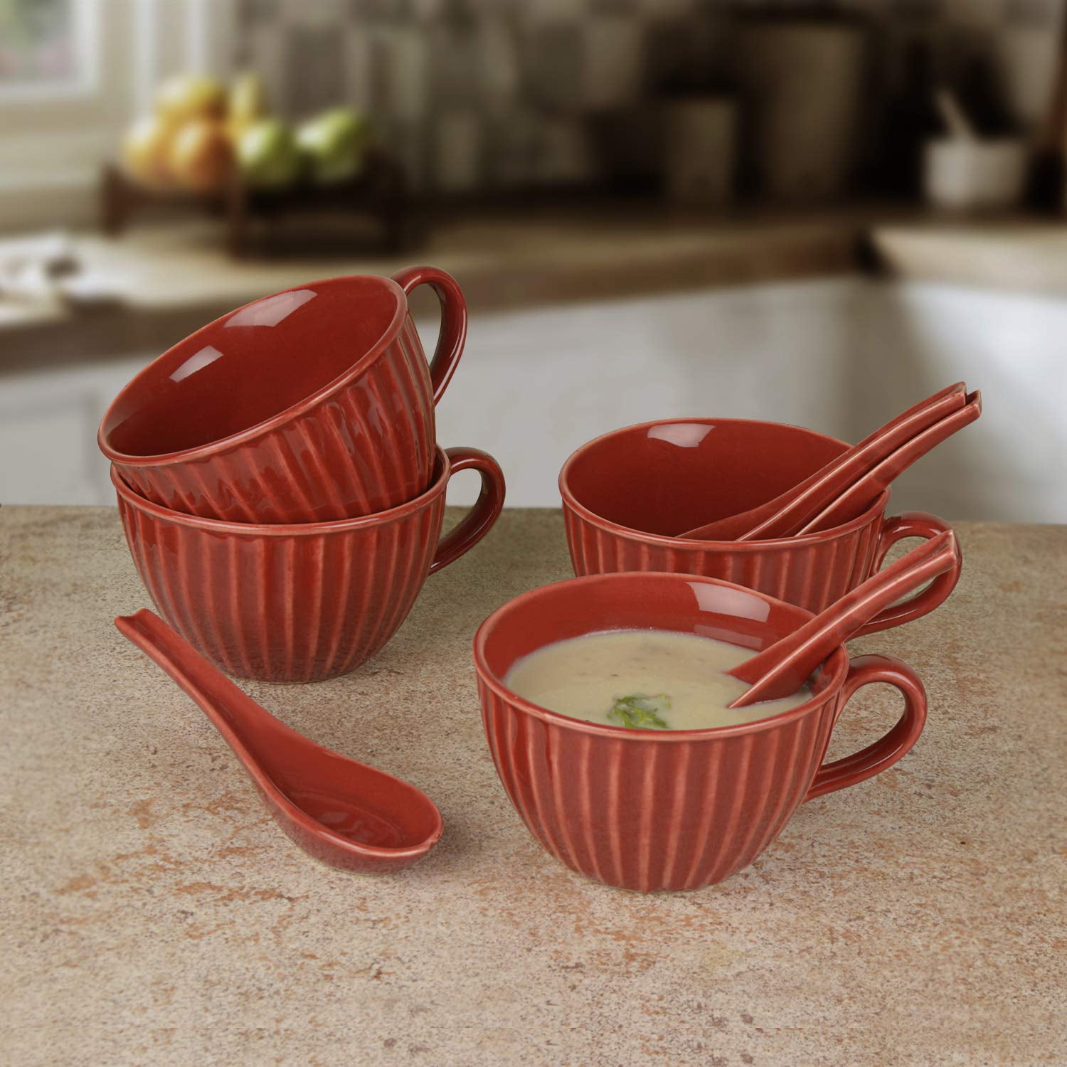 Studio Pottery Hand Glazed Ceramic Soup Cup With Spoon Set Of 4 - 300ml ...