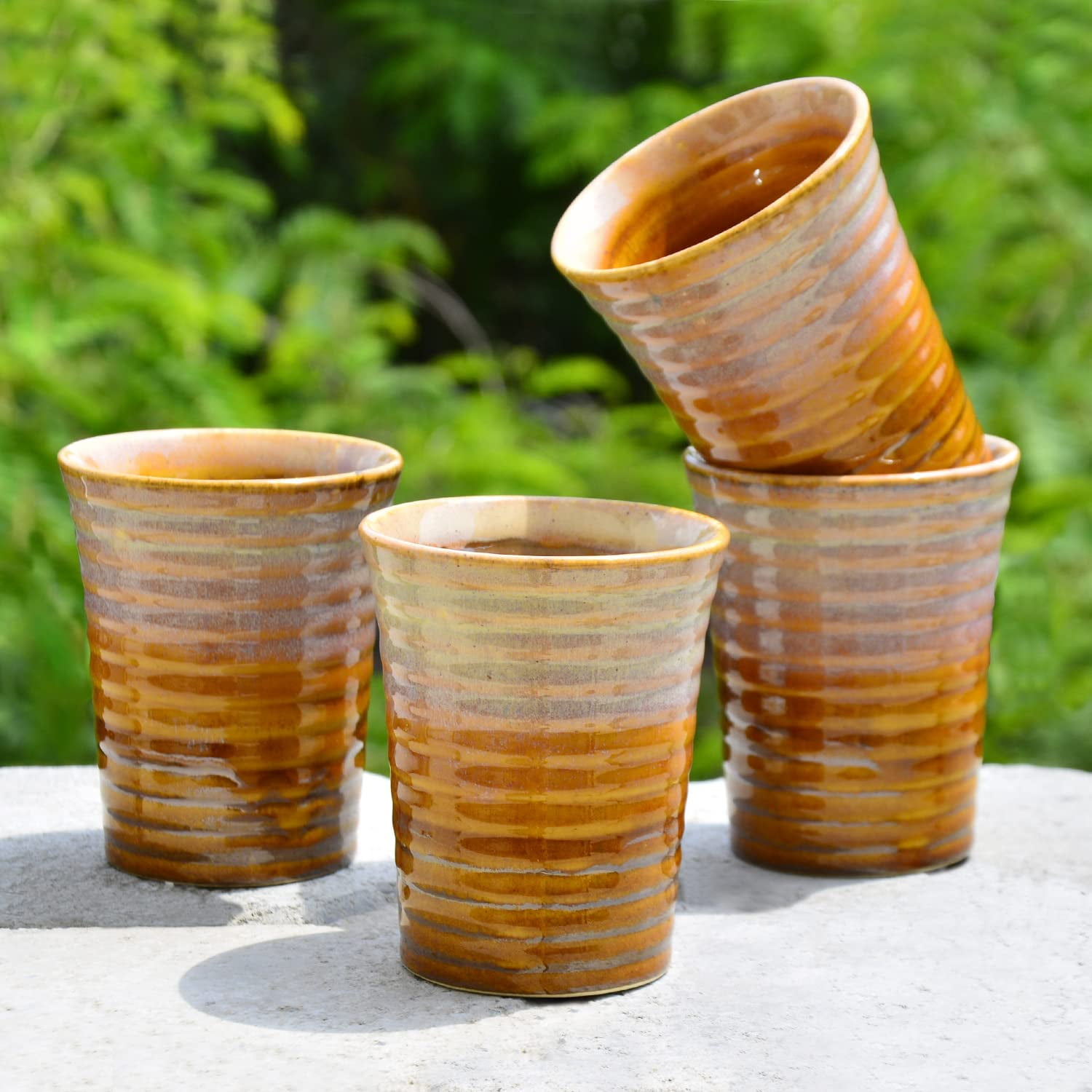 Studio Pottery Hand Glazed Dual Tone Ceramic Glasses Set Of 4 - Mustard ...