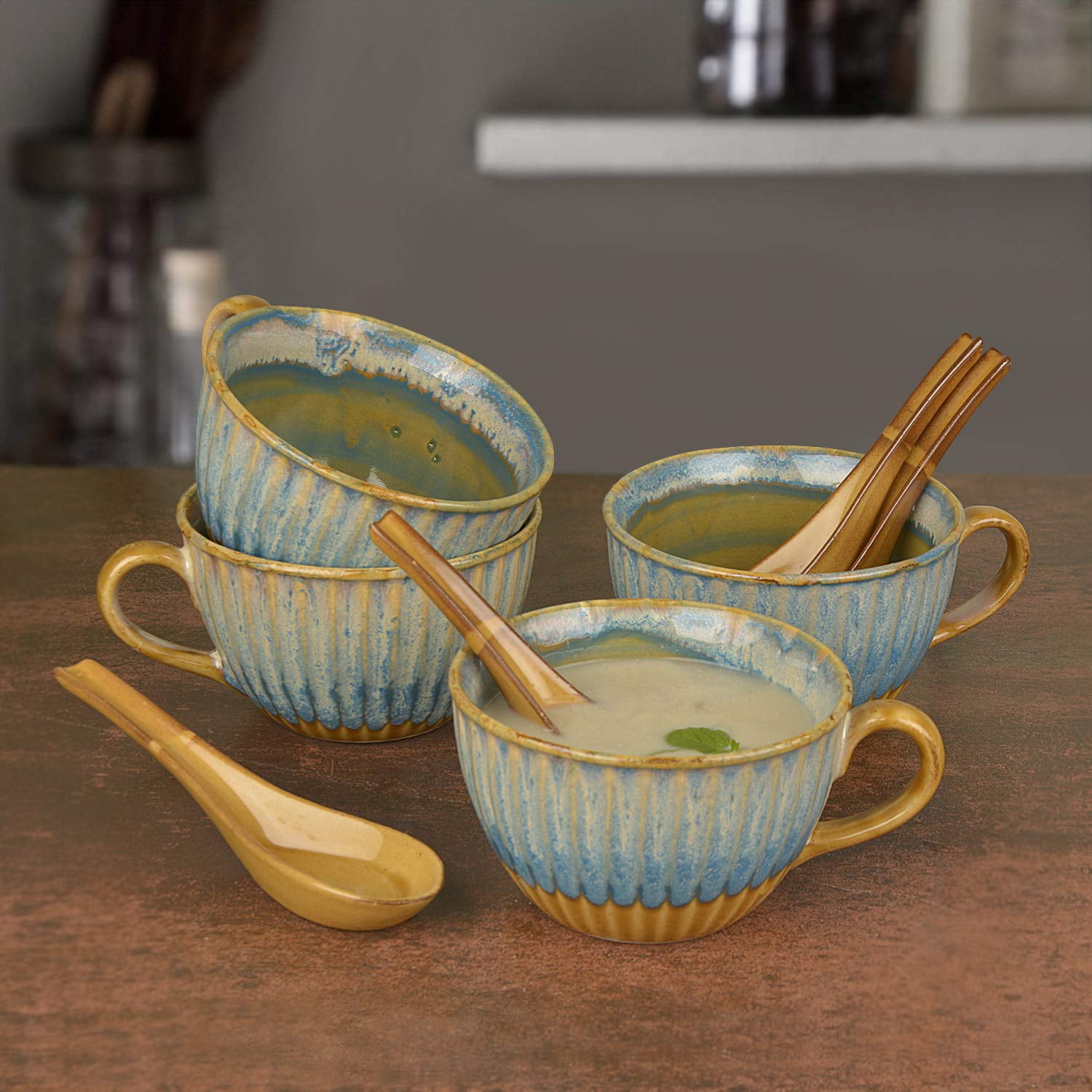 Studio Pottery Hand Glazed Dual Tone Ceramic Soup Cup With Spoon Set Of 4 - 300ml Each, Teal ...