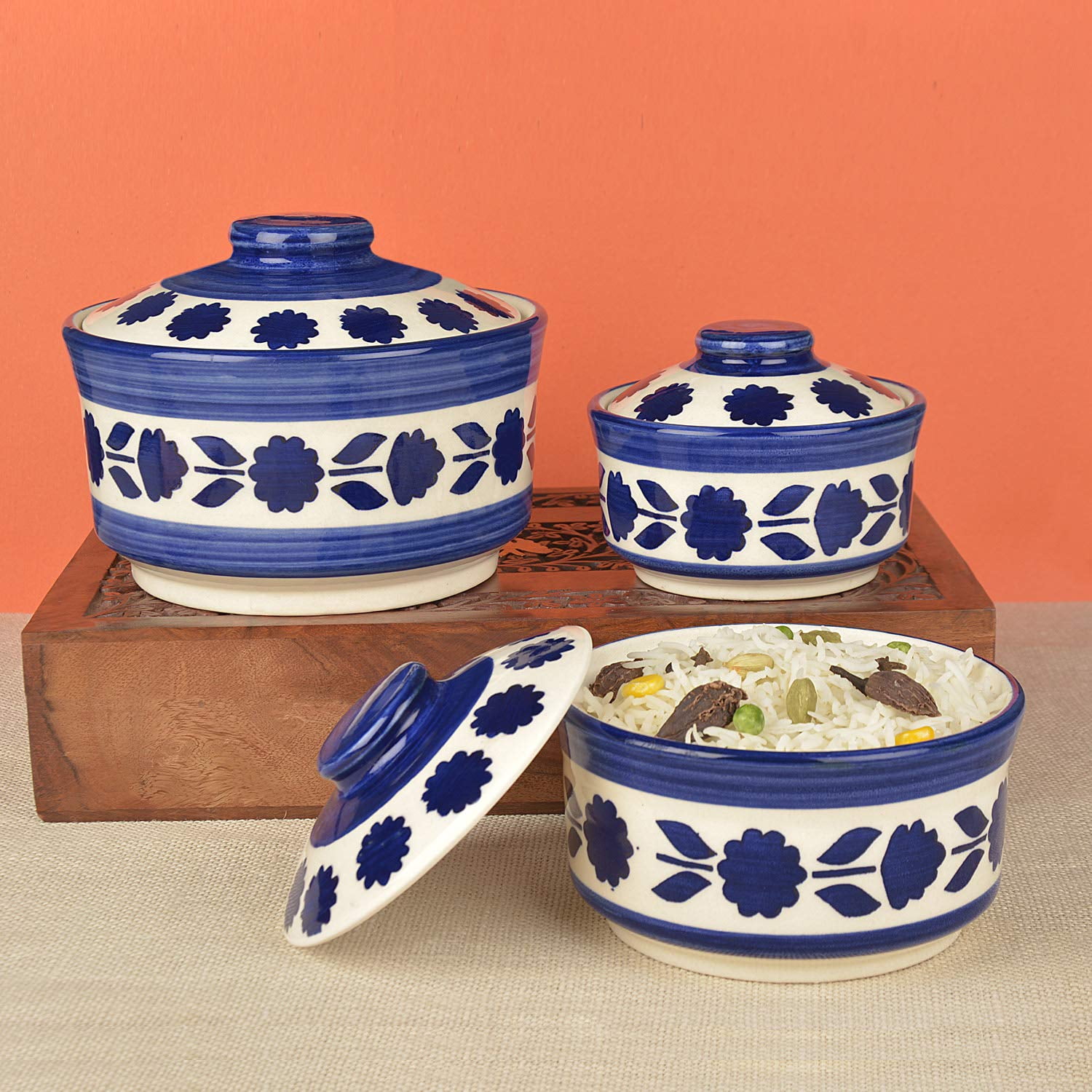 Studio Pottery Hand Painted Ceramic Serving Donga With Lid Casserole Set Of 3 - 900ml, 500ml ...