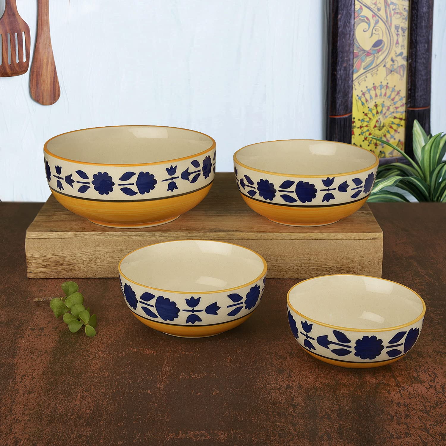 Studio Pottery Hand Painted Dinner Serving Bowl Set Of 4 - 1200ml+650ml ...