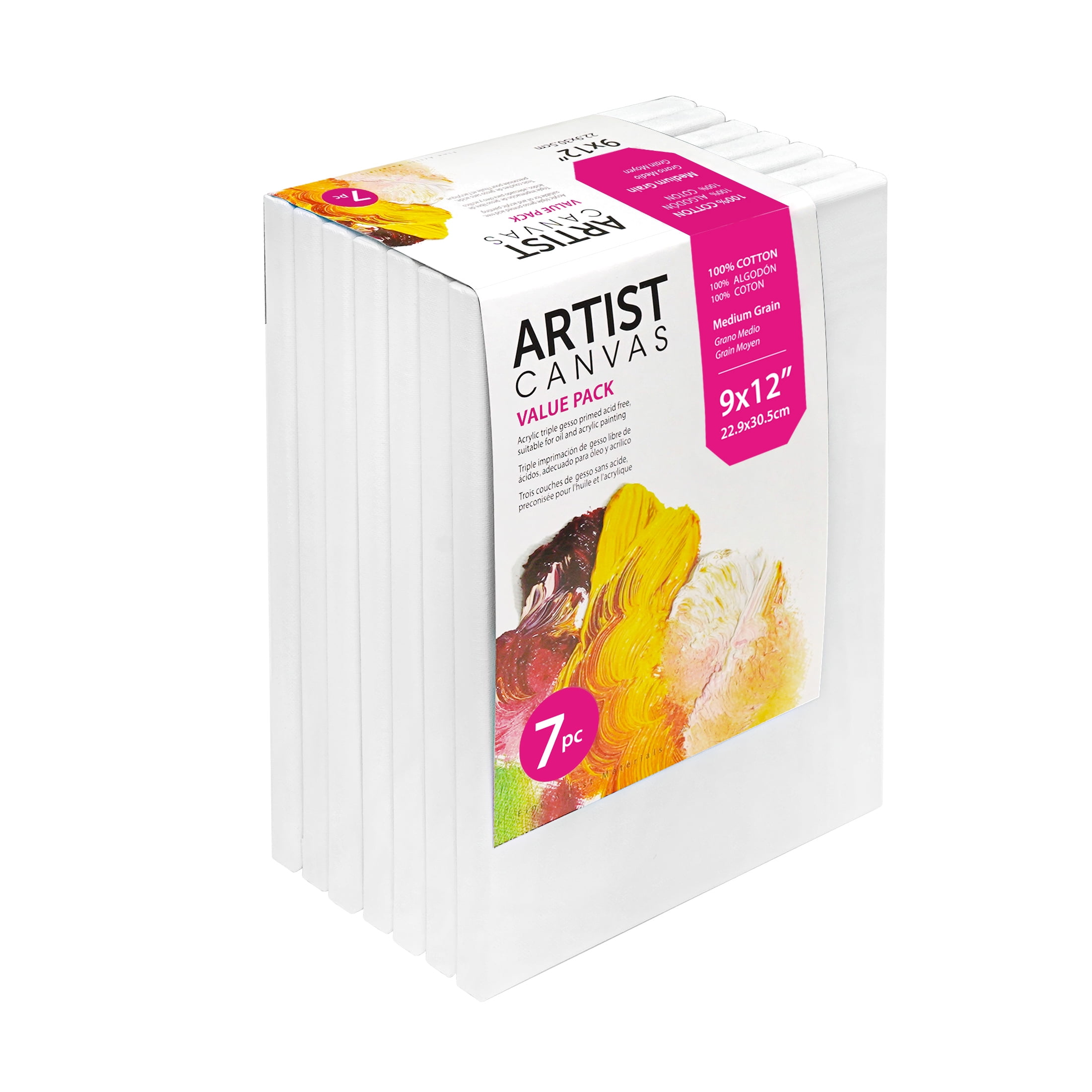 Studio Stretched Canvas, 9"X12", 7 Pack, 100% Cotton Acid Free, White, Academic Canvas, For All ...