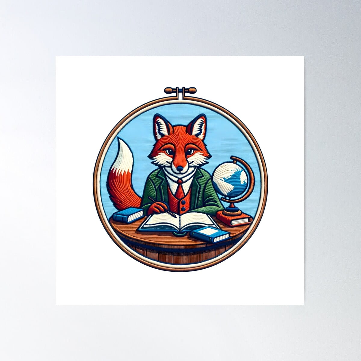 Studious Fox Illustration Patch Poster Wall Art, Modern Wall Decor For ...