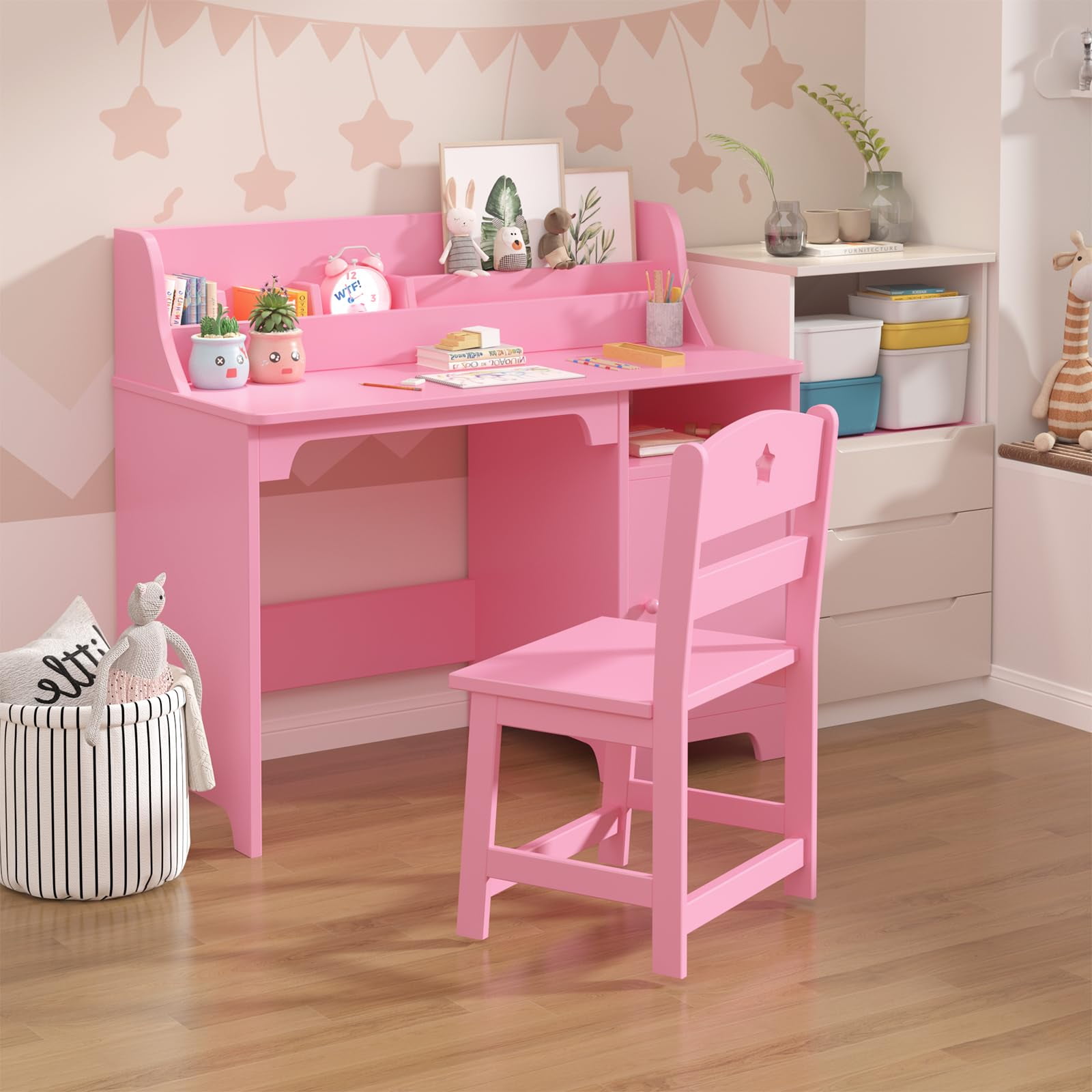 Study Desk for Kids with Hutch, Storage Cabinet, Wooden Children Study ...