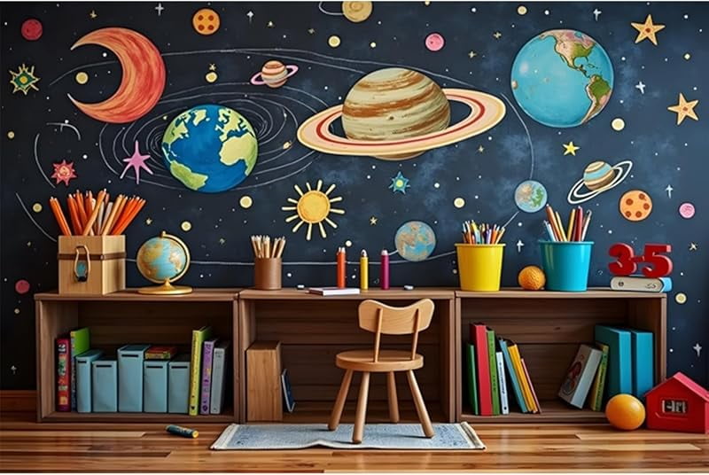 Study Room Backdrop Desk Book Stationery Universe Blackboard Classroom ...