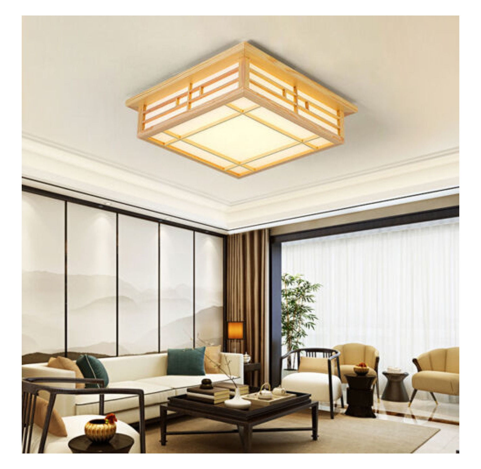 ‎Studyli LED Wood Square Tatami Ceiling Light Fixture Chinese Grid Lamp Farmhouse - Walmart.com