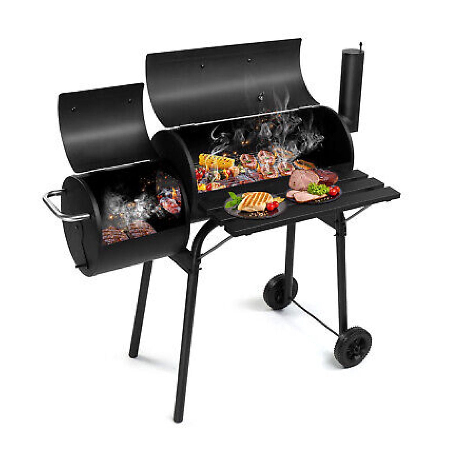 ‎Studyli Metal Barrel Charcoal Grill with Offset Smoker Outdoor Smoker ...