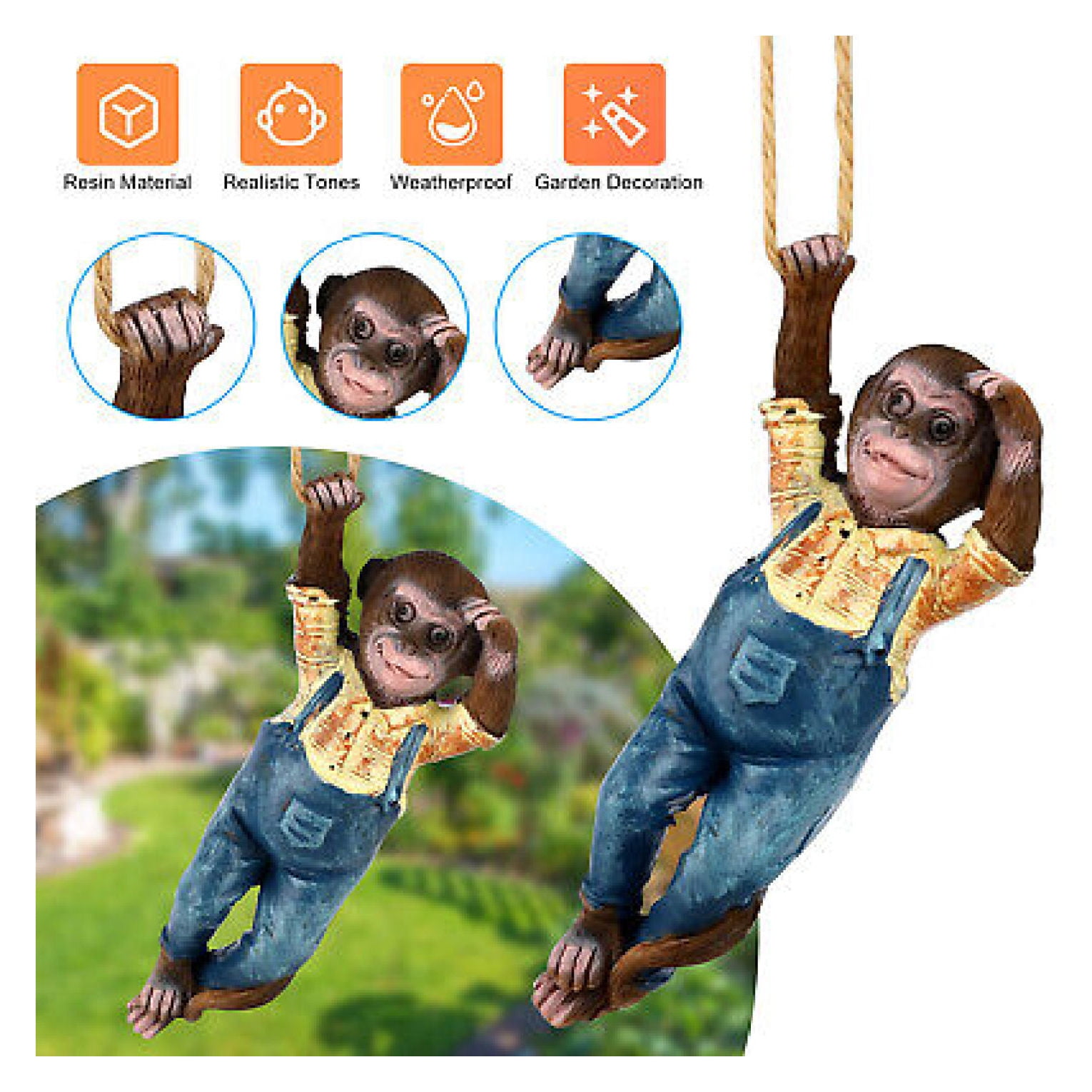 ‎Studyli Monkey Chimp Statue Hanging Rope Ornament Outdoor Sculpture ...