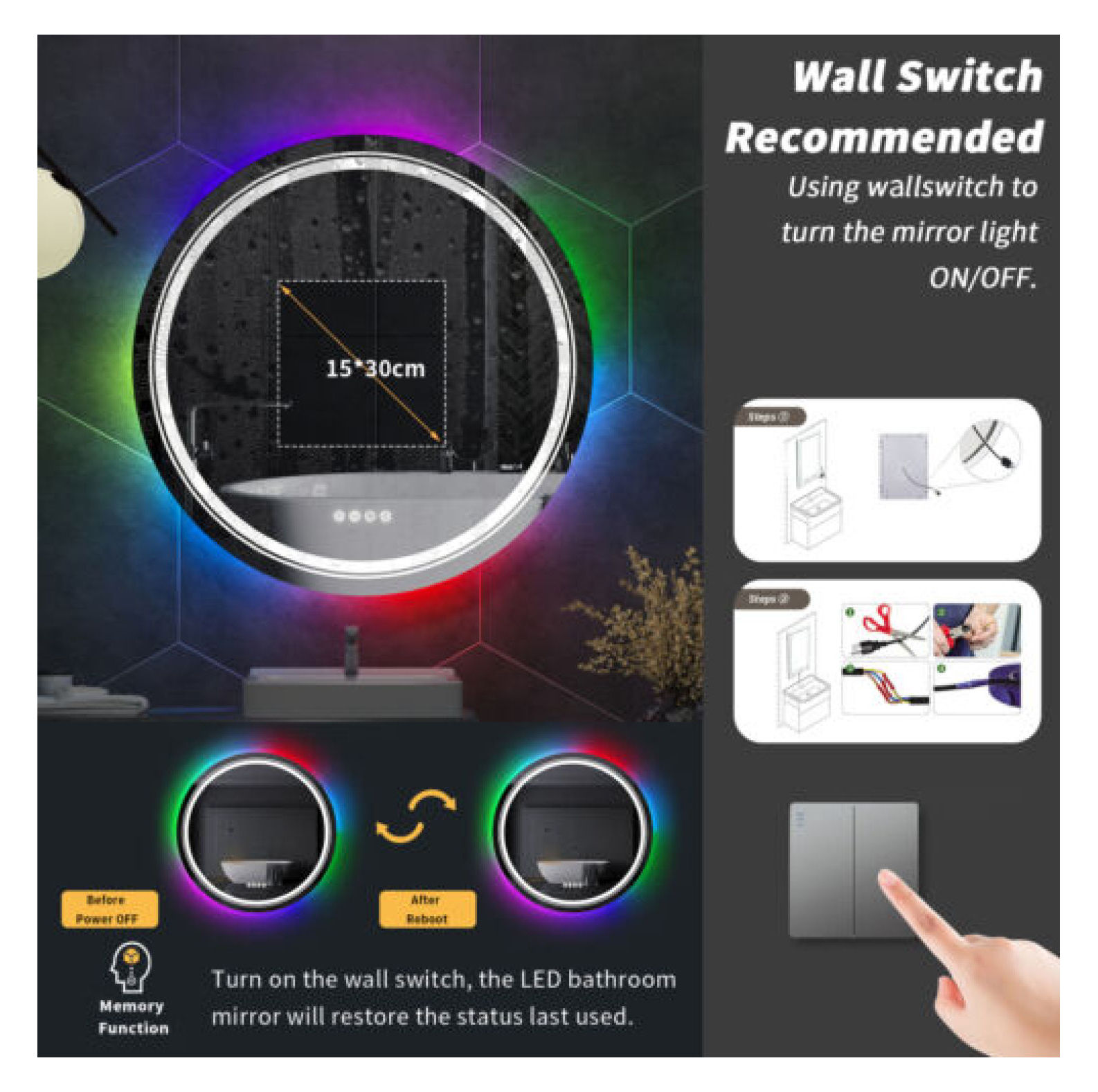 ‎StudyliLarge Bathroom LED Mirror RGB Vanity Double Light Backlit ...