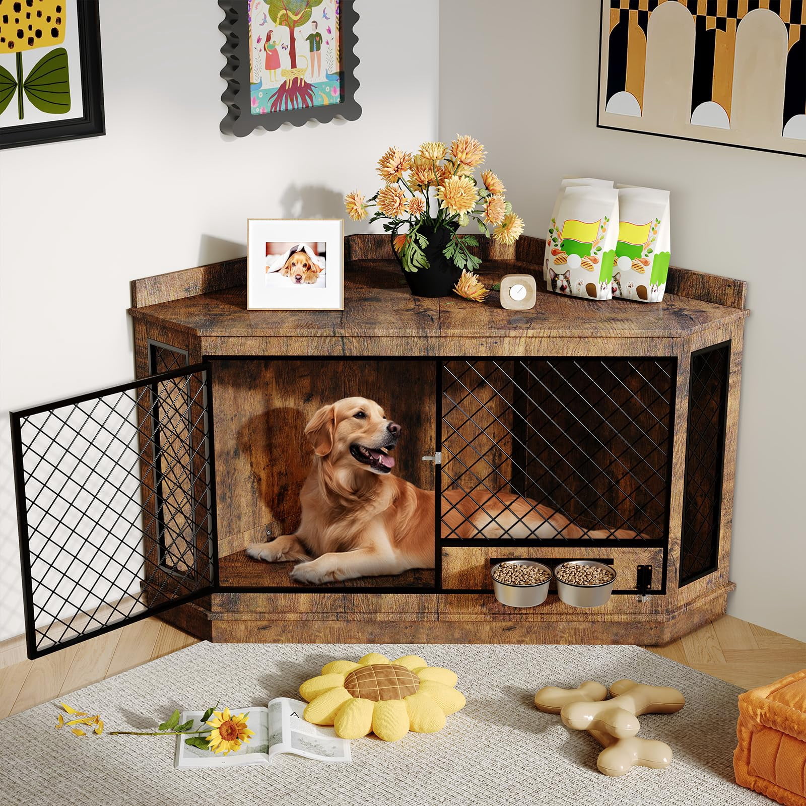 Studyset 52Inch Corner Dog Crate Furniture with Rotary Feeder ...