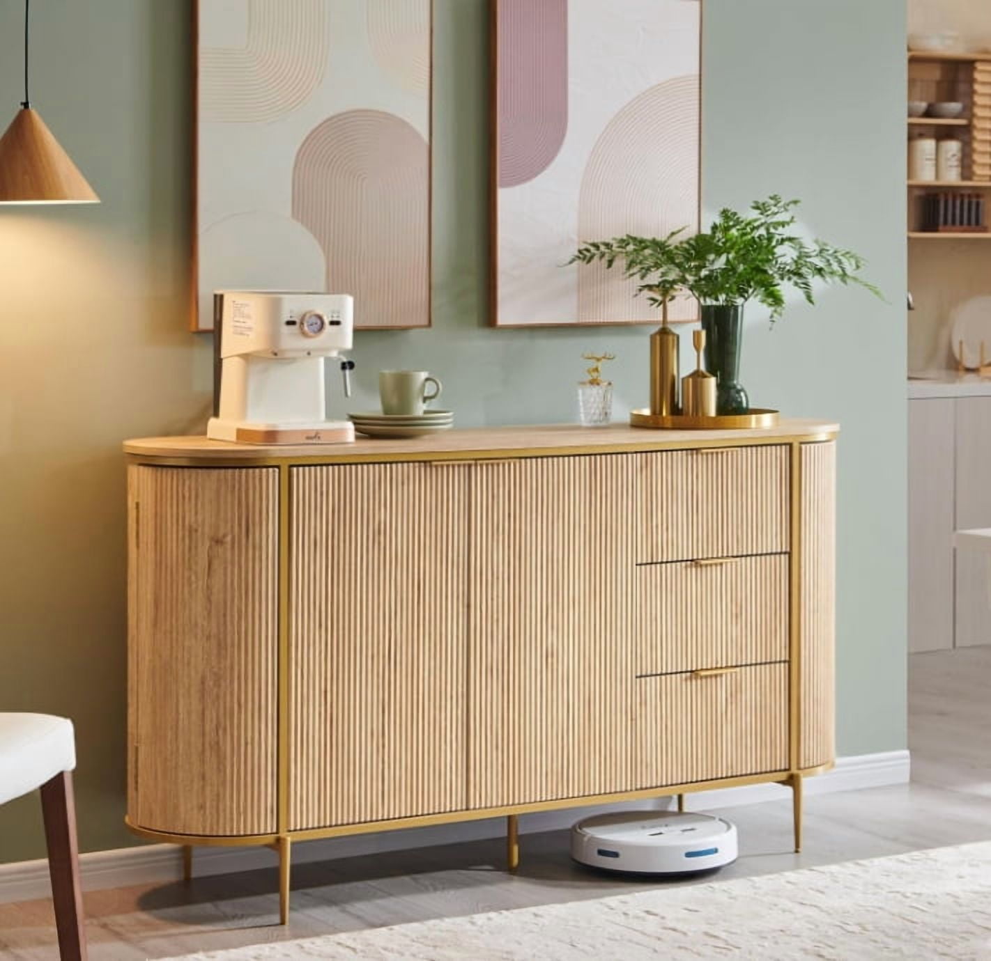 Studyset 60'' Storage Cabinet with Curved Profile Sliding Doors,Fluted ...