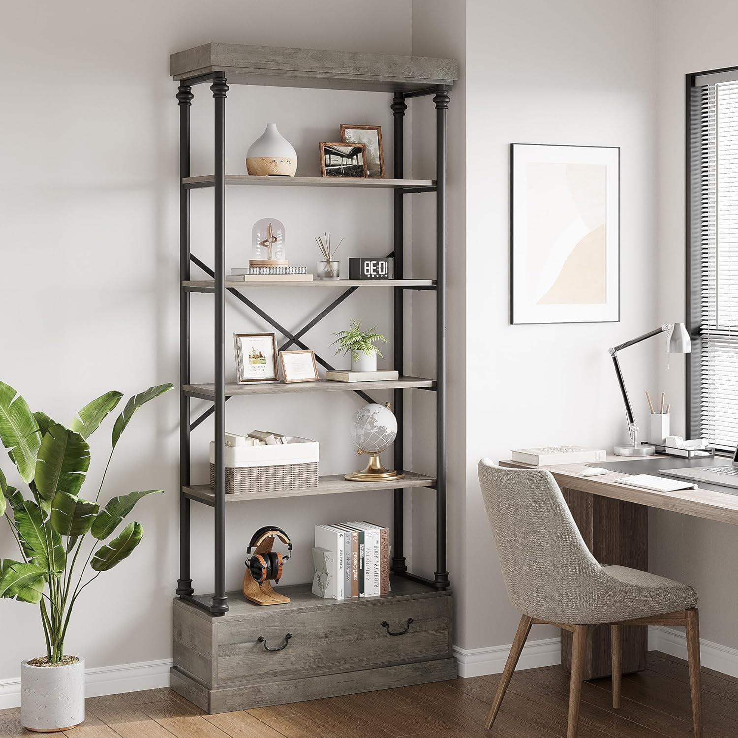 Studyset Bookshelf with Drawers - 5 Tier Tall Bookcase Vintage ...
