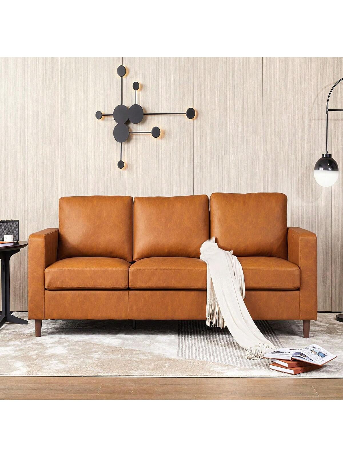 Studyset Brown Pu Leather Sofa, 85" Mid-Century Modern Couch, Mid Century Modern 3 Seater ...