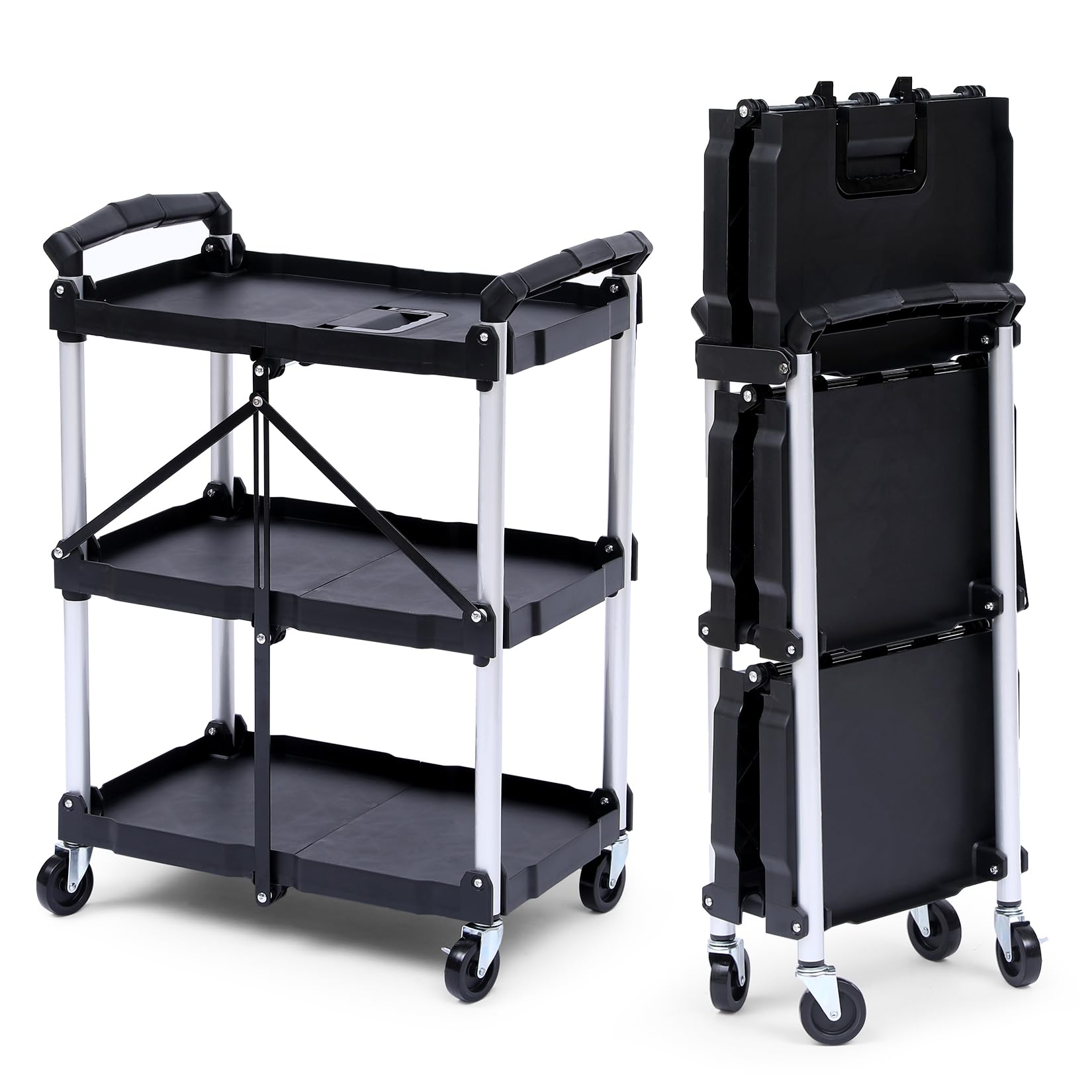 Studyset Folding Utility Cart with Wheels - Foldable 3-Tier Rolling ...